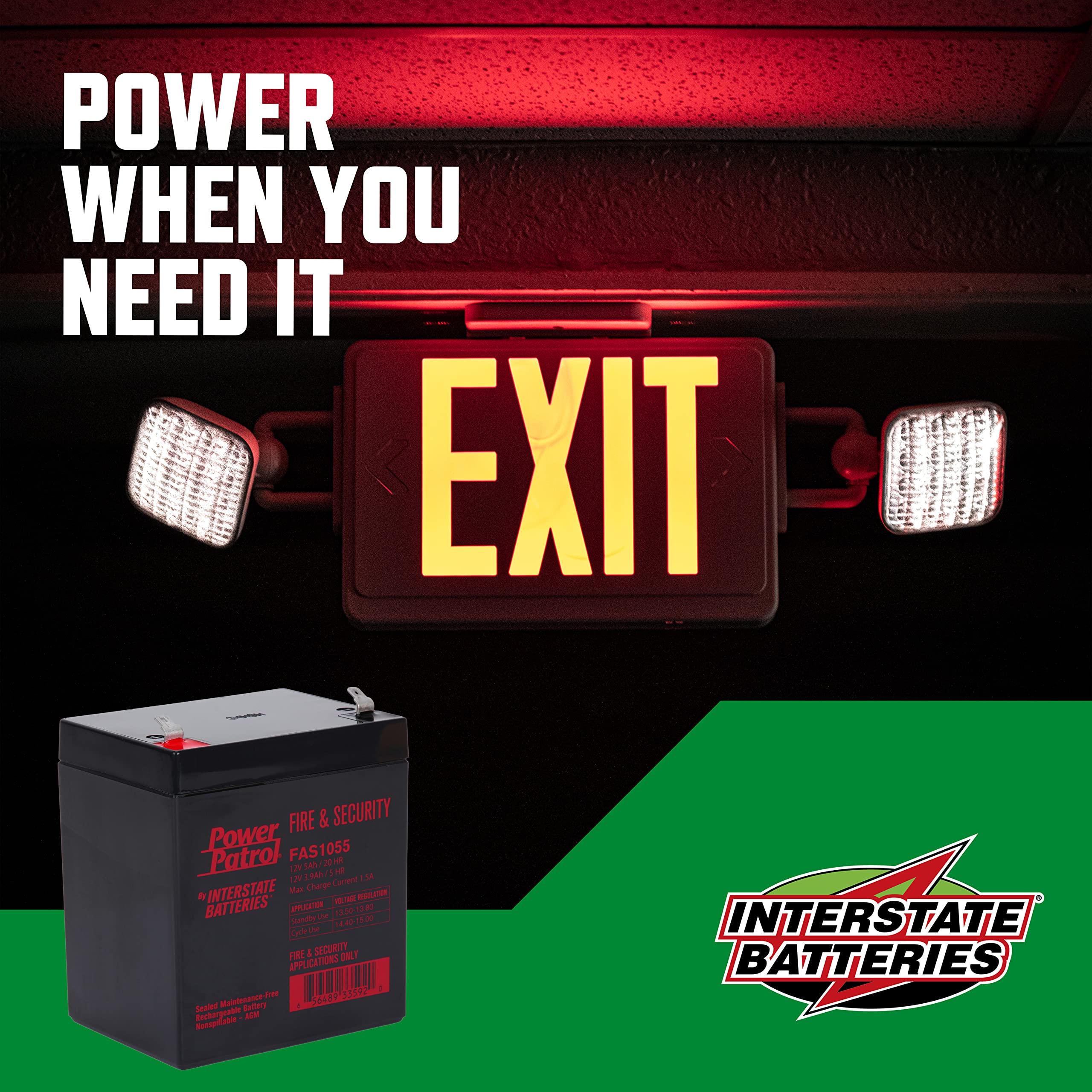 Interstate Batteries 12V 5Ah Fire & Security Battery - F1 Terminal, SLA AGM VRLA Power Patrol, Rechargeable Replacement for Fire Alarms, Locks, Security Systems (FAS1055)