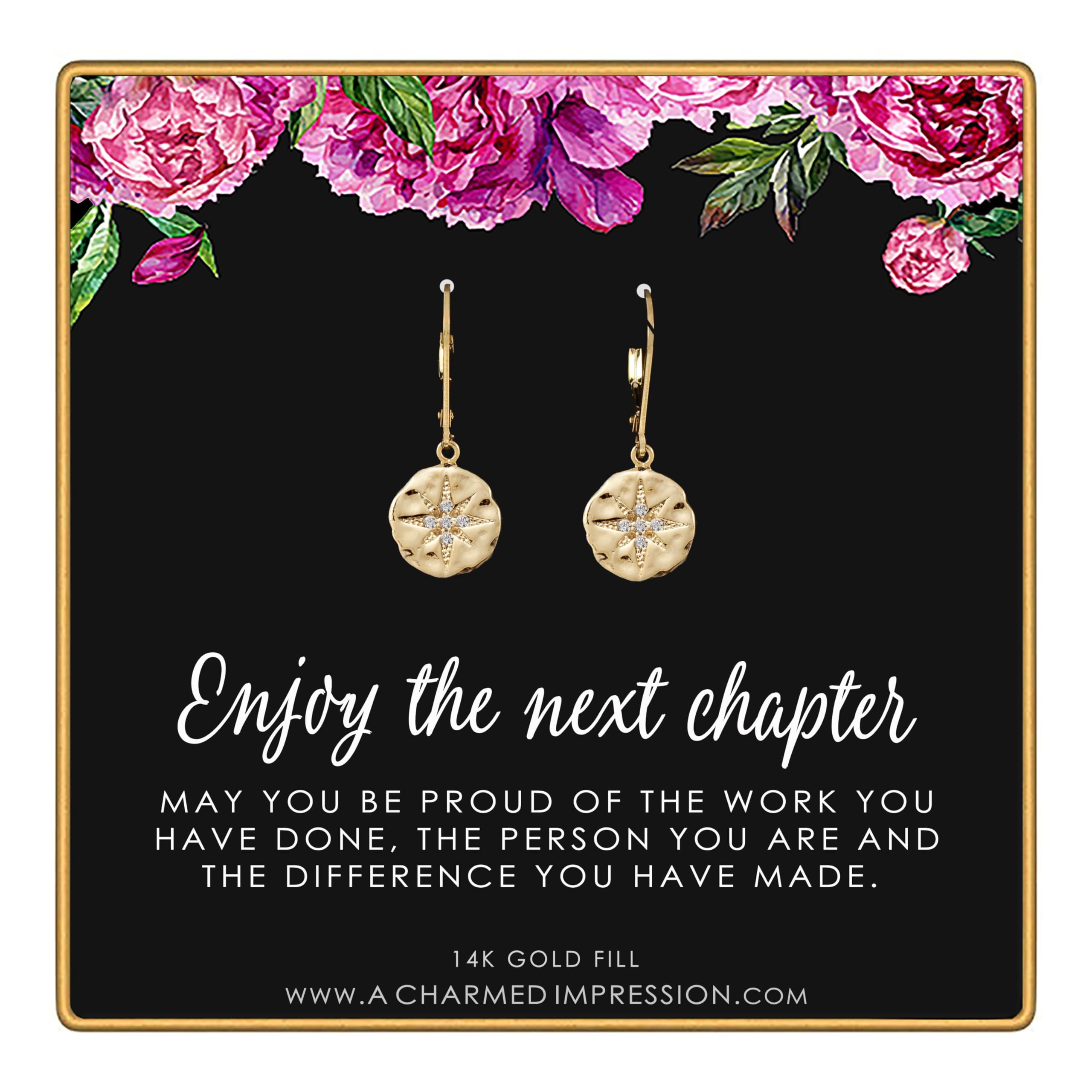 A Charmed Impression • Retirement Gift for Women • Enjoy the Next Chapter • Diamond Starburst Earrings • Congratulations • You'll be Missed • Be Proud of the Difference You Have Made Sterling Silver