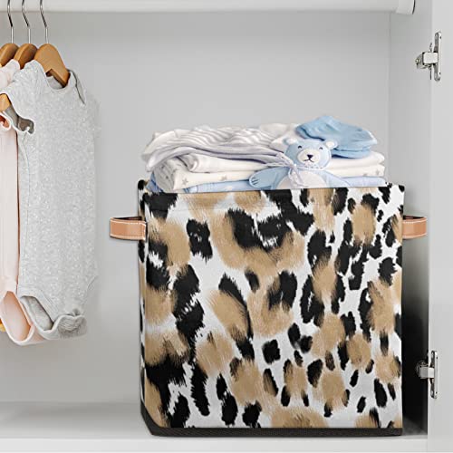 Leopard Print Storage Basket Bins, Animal Tiger Skin Large Foldable Storage Baskets Fabric Organizer Storage Cubes Box with Handles Collapsible Basket for Shelf Closet Nursery Home Office