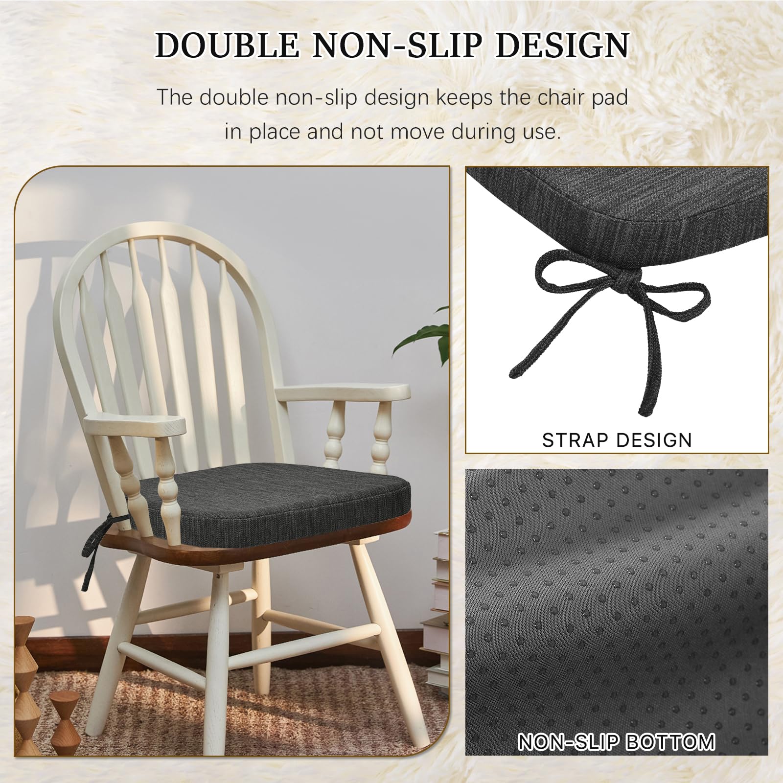 baibu 17 x 16 Inches Dual-Layer Patent Design Memory Foam Non-Slip Kitchen Chair Pad and Dining Seat Cushion with Ties Machine Washable Cover - Black