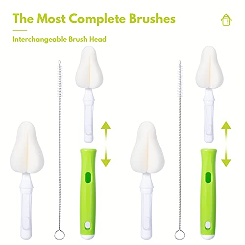 Carebabymore 8 Piece Sponge Nipple Bottle Brushes, Baby Bottle Brush with 3 Piece Nipple Cleaner, 3 Piece Replacement Heads and 2 Piece Straw Brushes, Green