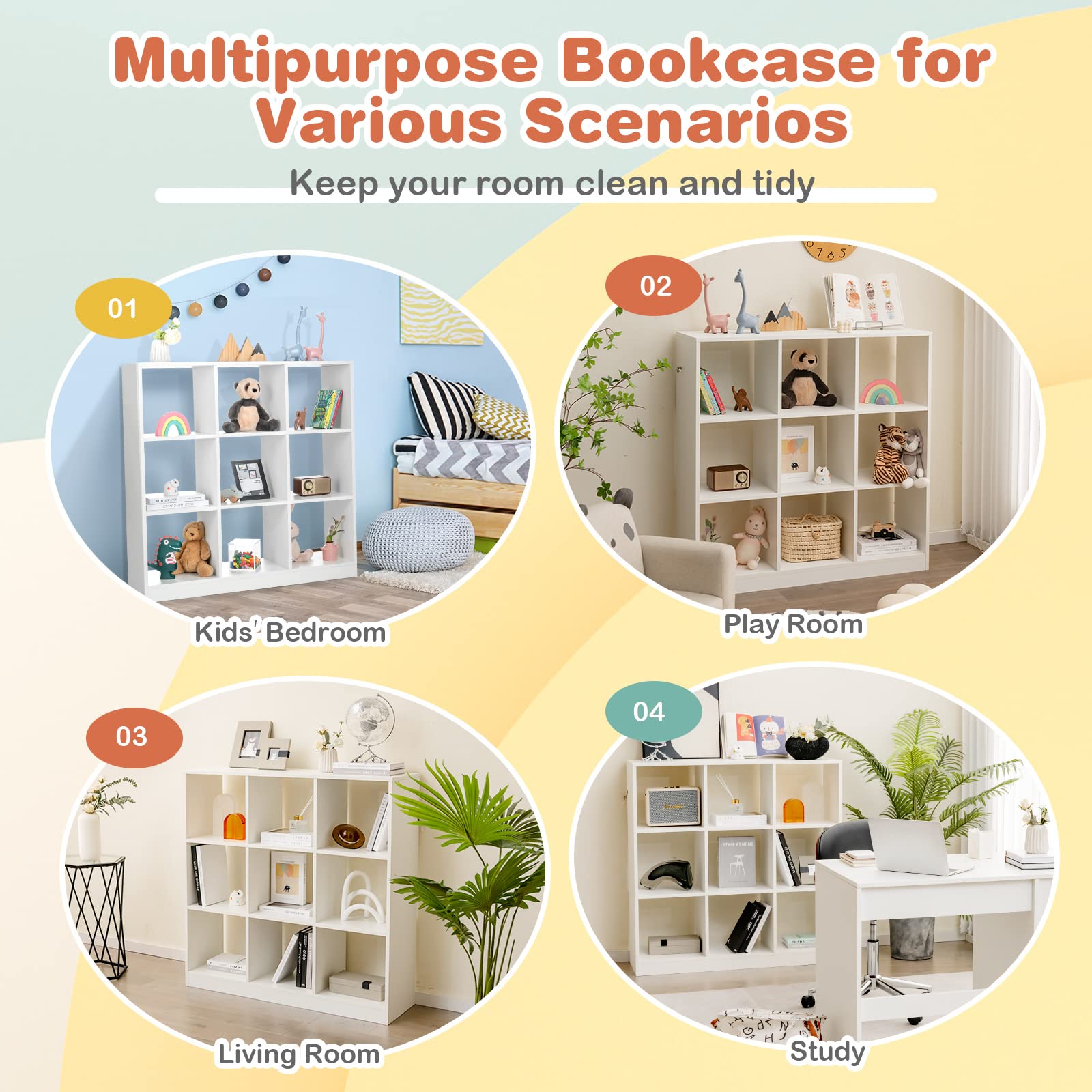 HONEY JOY Kids Toy Storage Organizer, 9-Section Storage Daycare Shelf for Preschool, Children 3-Tier Open Wooden Display Book Shelf Organizer for Classroom, Playroom & Nursery, Kindergarten(White)