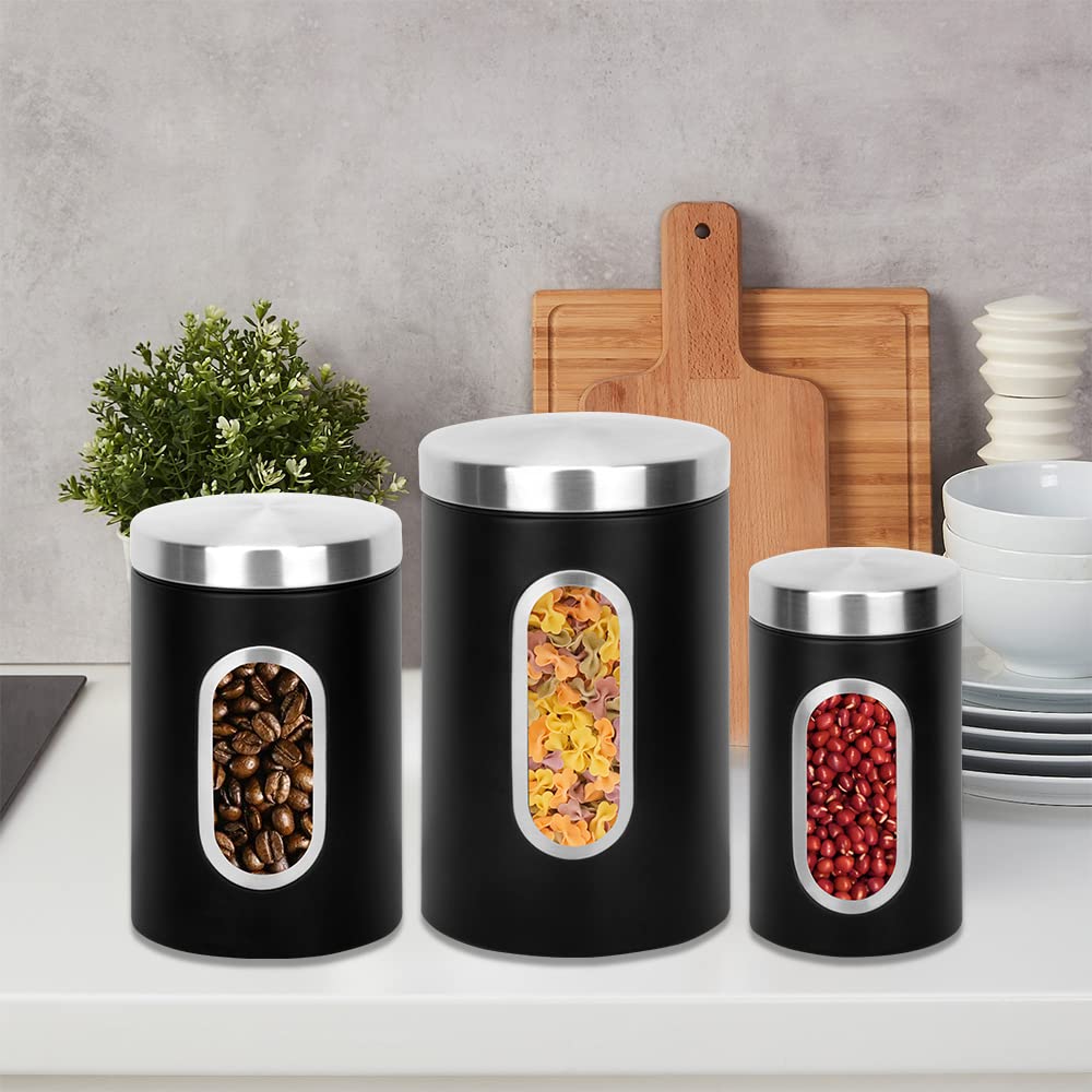 AEUNKIUO White Kitchen Counter Canister set 3 pieces, 0.9/1.6/2.9 Quarts Stainless Steel Flour Sugar Tea Coffee Biscult Storage Containers with with Long Wood Spoon&Visible