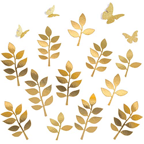 Letjolt Golden Paper Leaves Set Decorations for Family Tree Photo Wall Crafts Leaf(12pcs) Glitter Butterfly(4pcs) Nursery Decor Baby Shower Backdrop Decals