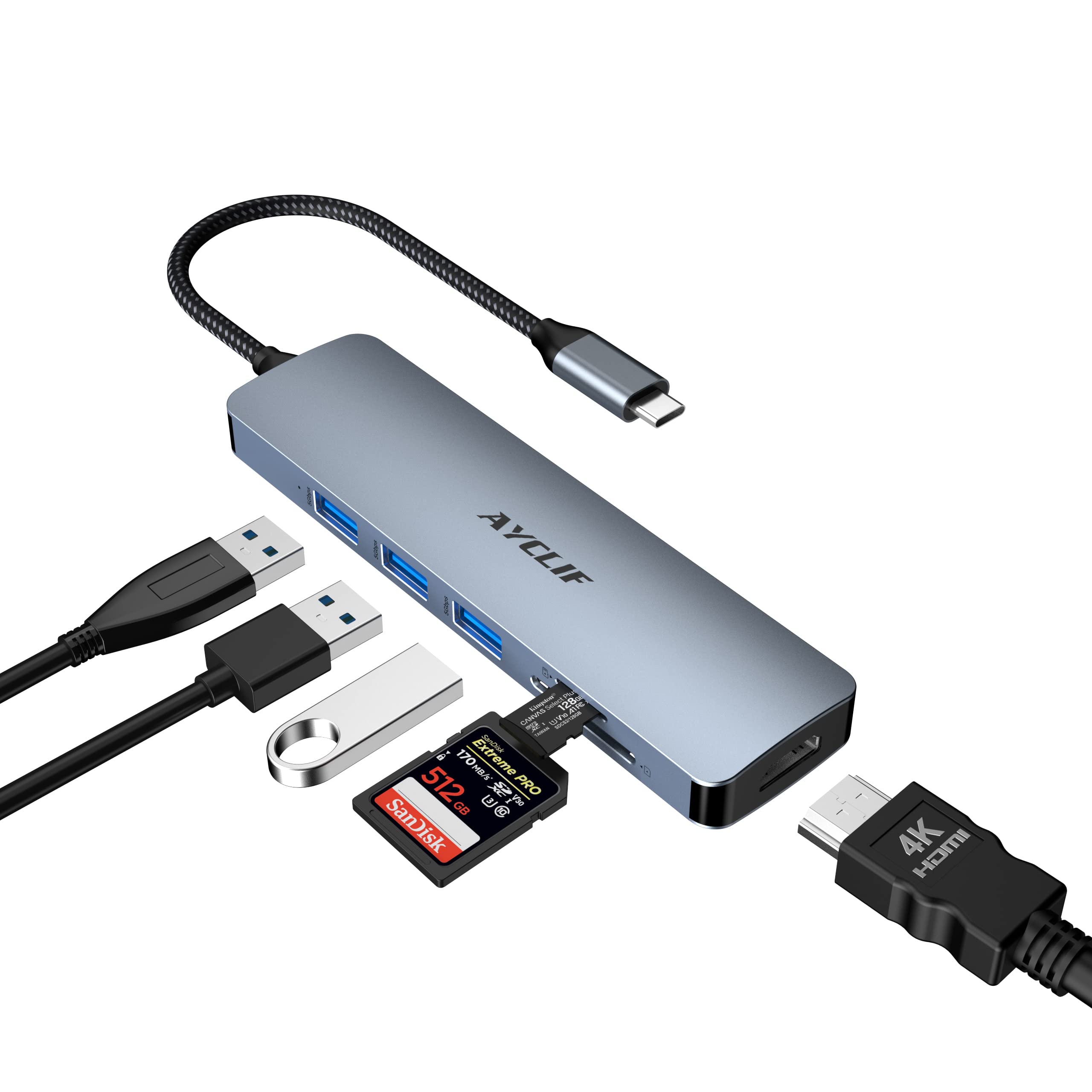 AYCLIF 6 in 1 USB C Hub, Dual Display USB C Adapter for MacBook Pro/Air, USB 3.0 5Gbps Fast Docking Station (4K HDMI,SD/TF,USB A 3.0) for Dell,Surface,HP,Lenovo and Type C Devices