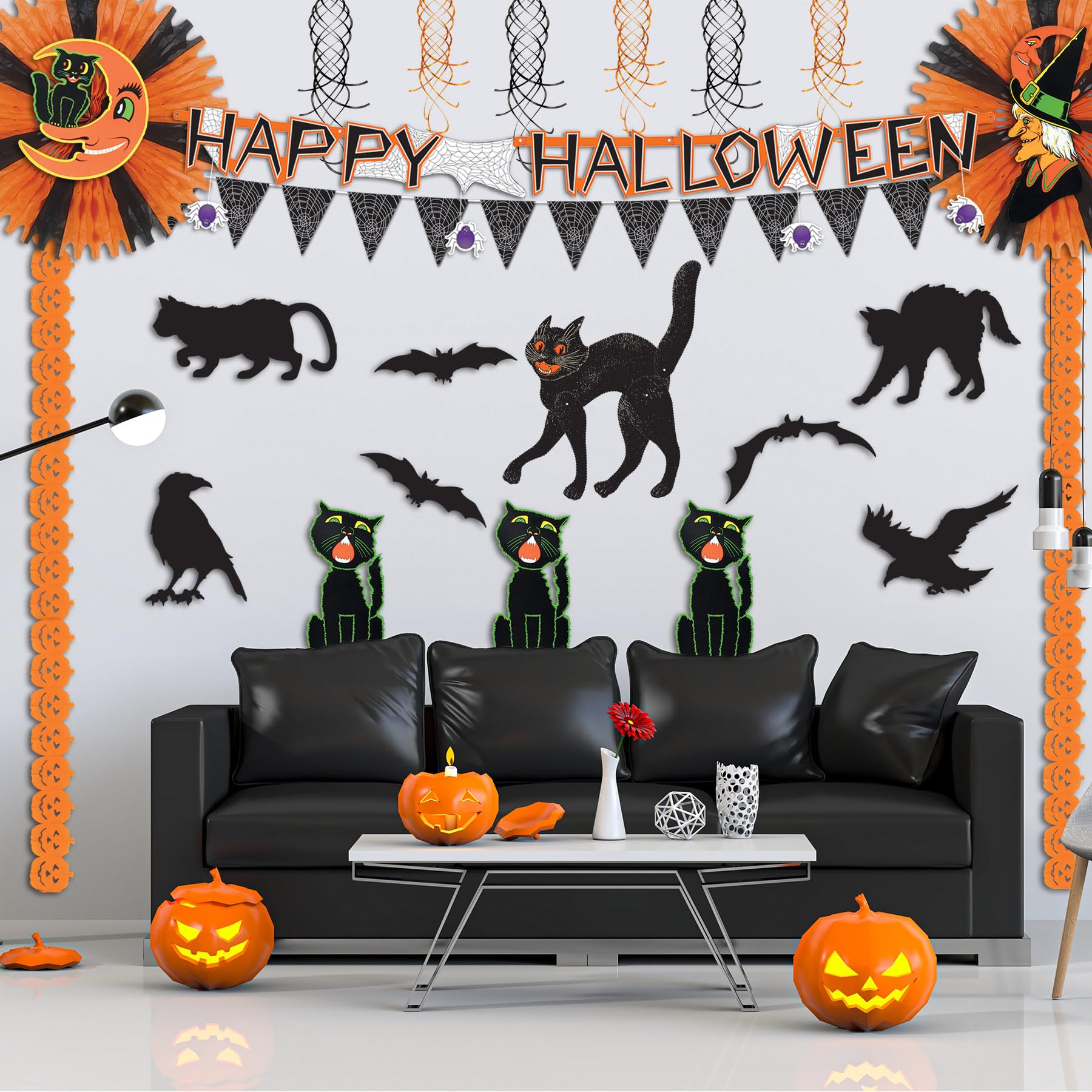 Beistle 2 Piece 20.5" Vintage Halloween Jointed Scratch Cats For Spooky Party Supplies, Made In USA Since 1900, Black/Orange