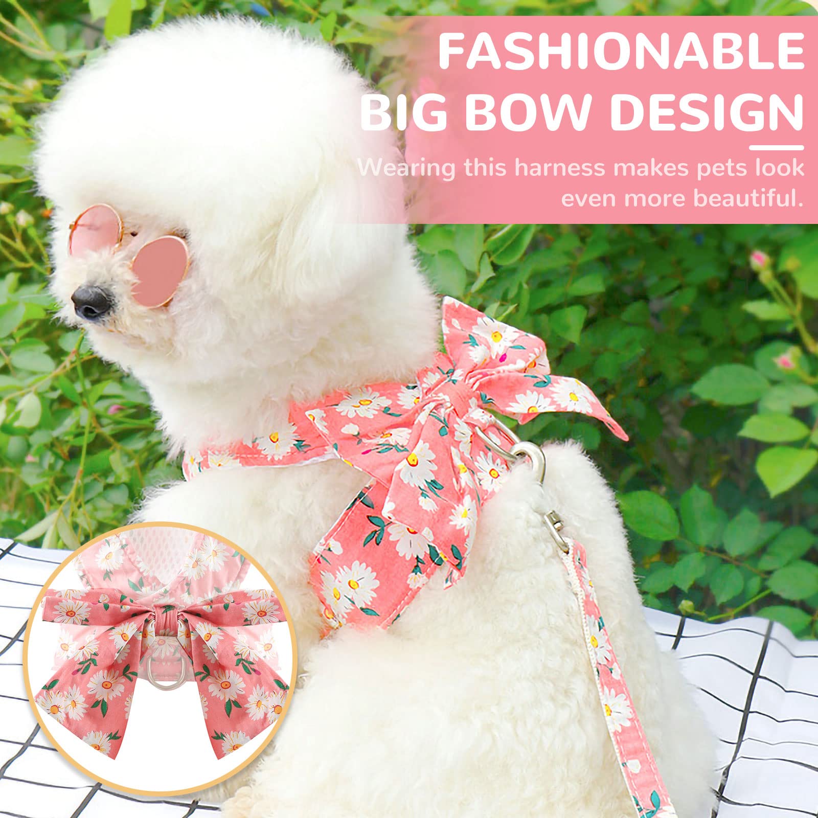 BAEJMJK Dog Harness and Leash Set with Bow Knot No Pull Pet Daisy Floral Harness with D-Ring Soft Mesh Dog Harness Vest Set Escape Proof Princess Puppy Harness for Small Girl Dogs Cats(Pink M)