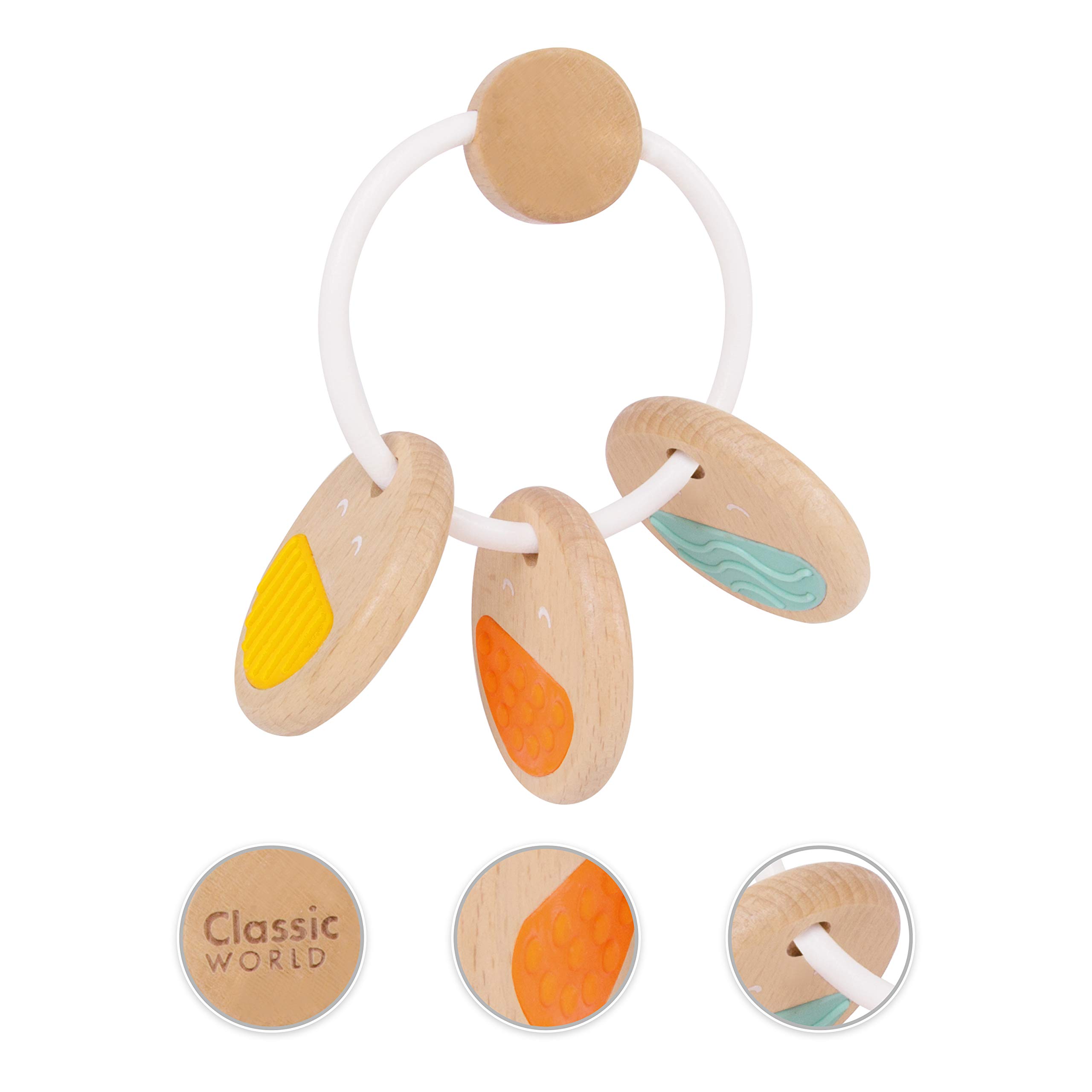 Classic World Wooden Rattle Teether Teething Toy Natural Teether, Rattle Key with Silicone, Wood Teether