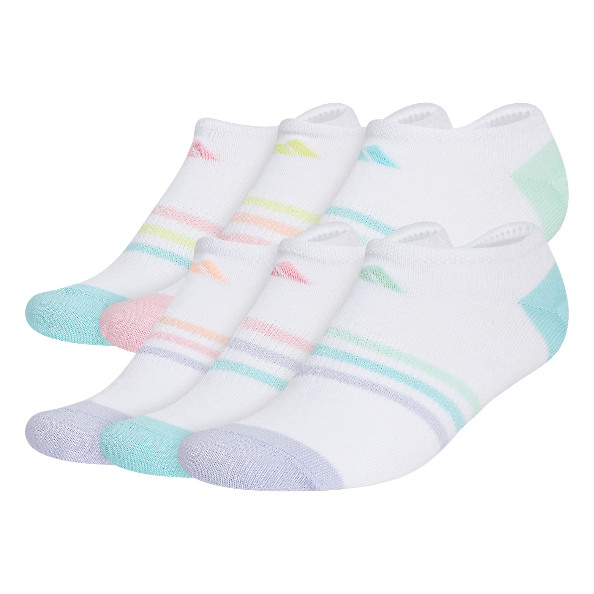 adidas Kids-Girl's Superlite No Show Socks (6-Pair), White/Clear Aqua Blue/Pulse Yellow, Large