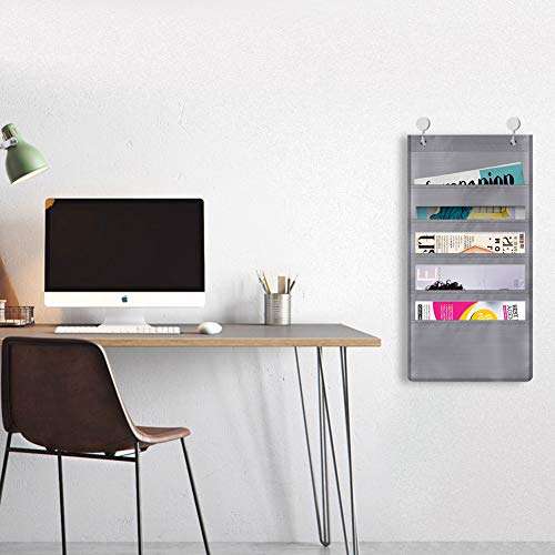 Storage Pocket Chart with 5 Pocket, 2 Pack Heavy Duty Storage Chart Hanging Wall File Organizer Included 4 Over Door Metal Hangers - Organize Your Assignments, Files, Scrapbook Papers & More (Gray)