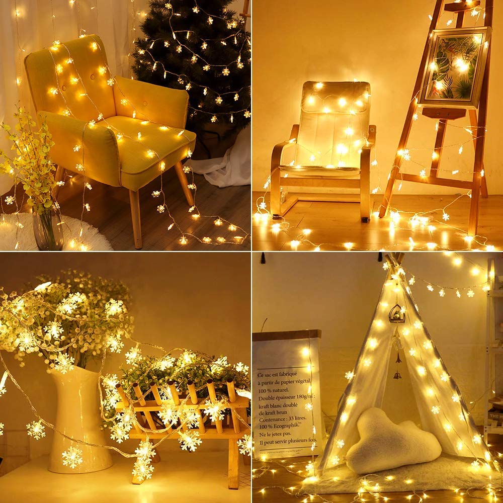 CYOIDAI Lights, 30 LED Snowflake String Lights Battery Operated Waterproof Lights with 8 Lighting Modes Warm White Bedroom Patio Room Garden Party Home Indoor Outdoor Christmas Tree Decorations