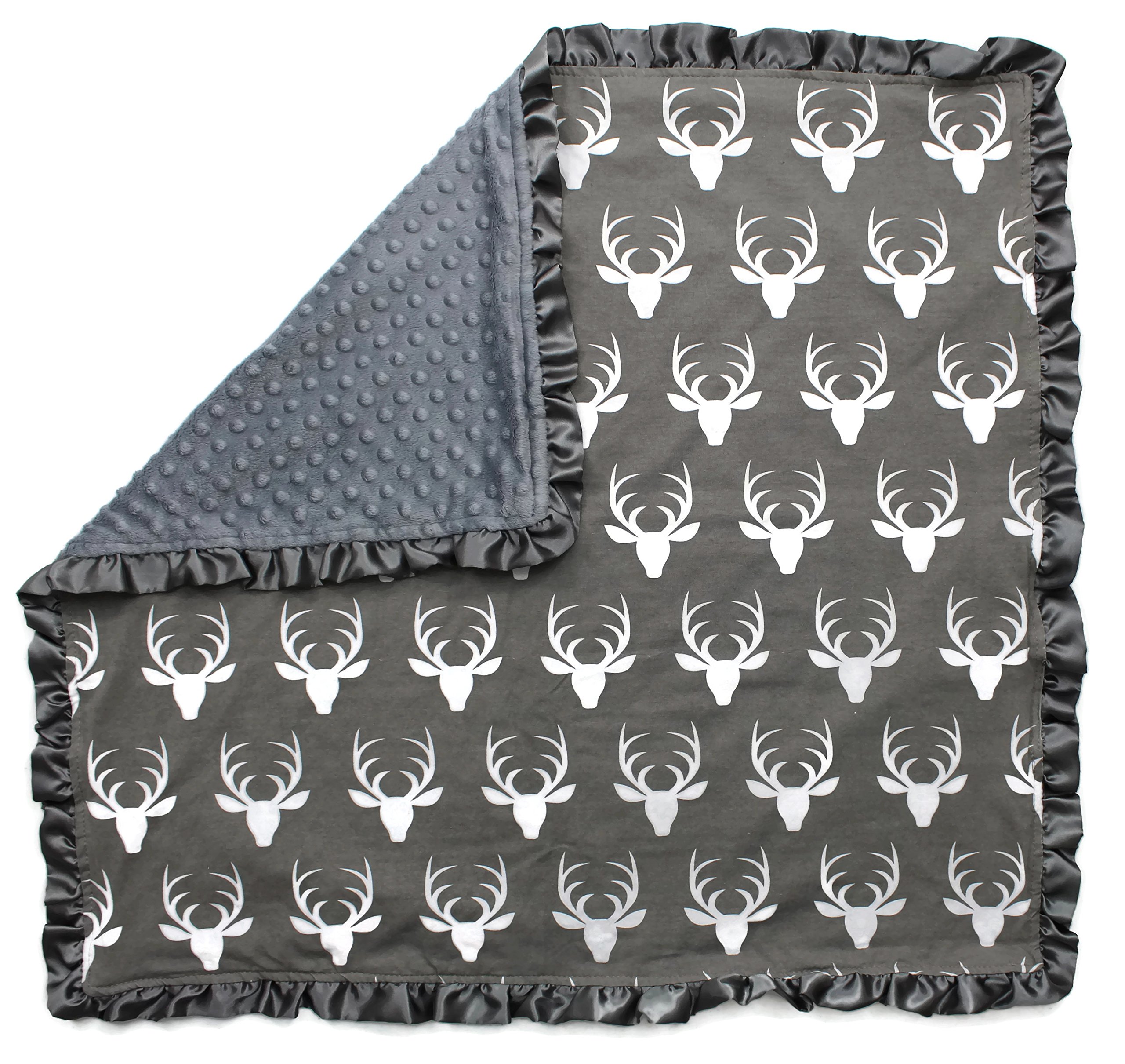 Dear Baby Gear Deluxe Double Layer Baby Blanket - Gender Neutral Infant Blankets for Girls & Boys - Nursery Blanket for Newborn - Faux Quilt Soft Toddler Blankets - Antlers Grey with Ruffles