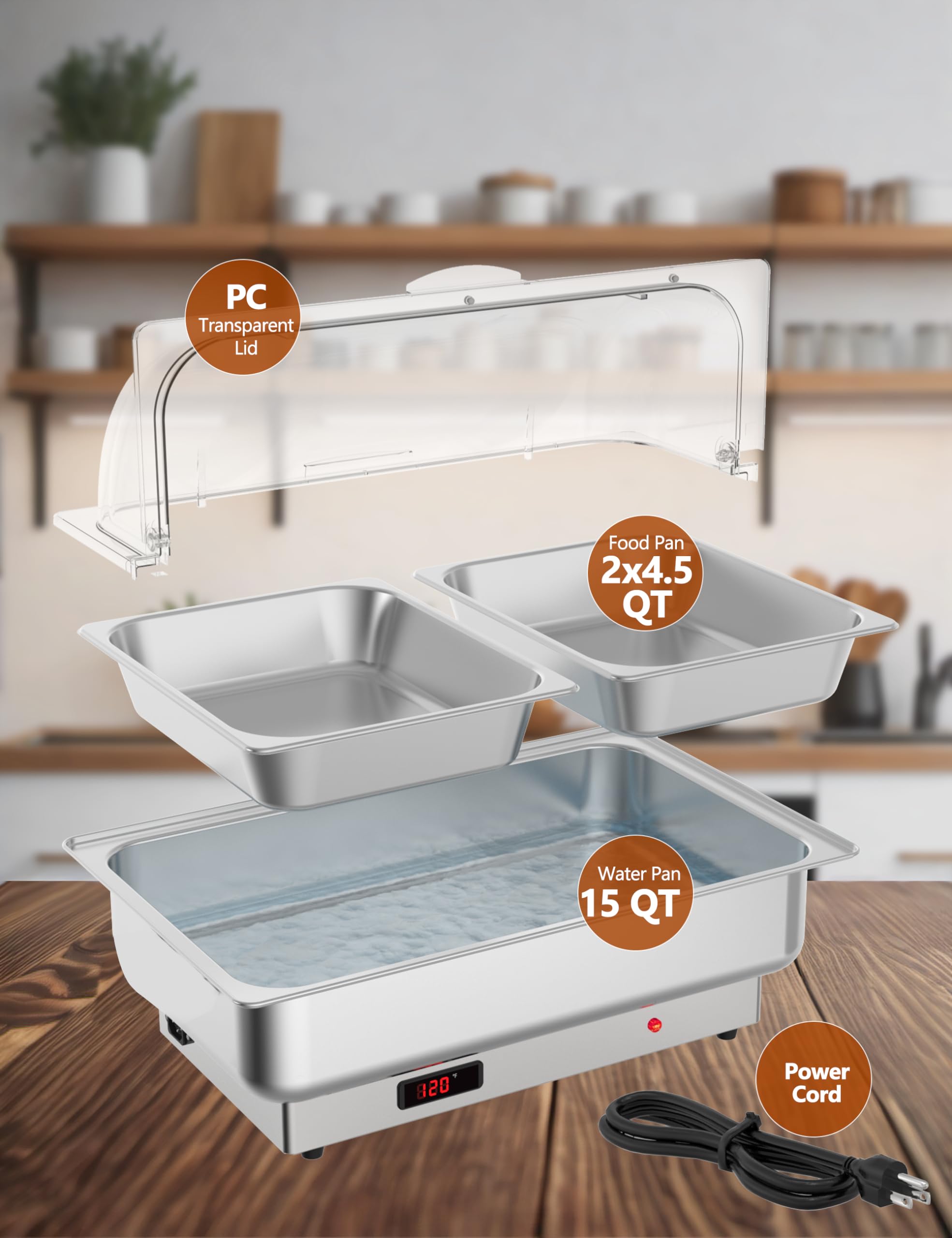 Takywep Rectangular Chafing Dish Electric Buffet Set with Temperature Control, 2 x 4.5QT Half-Size Stainless Steel Food Servers and Warmers with Transparent Lid for Catering Wedding and Parties