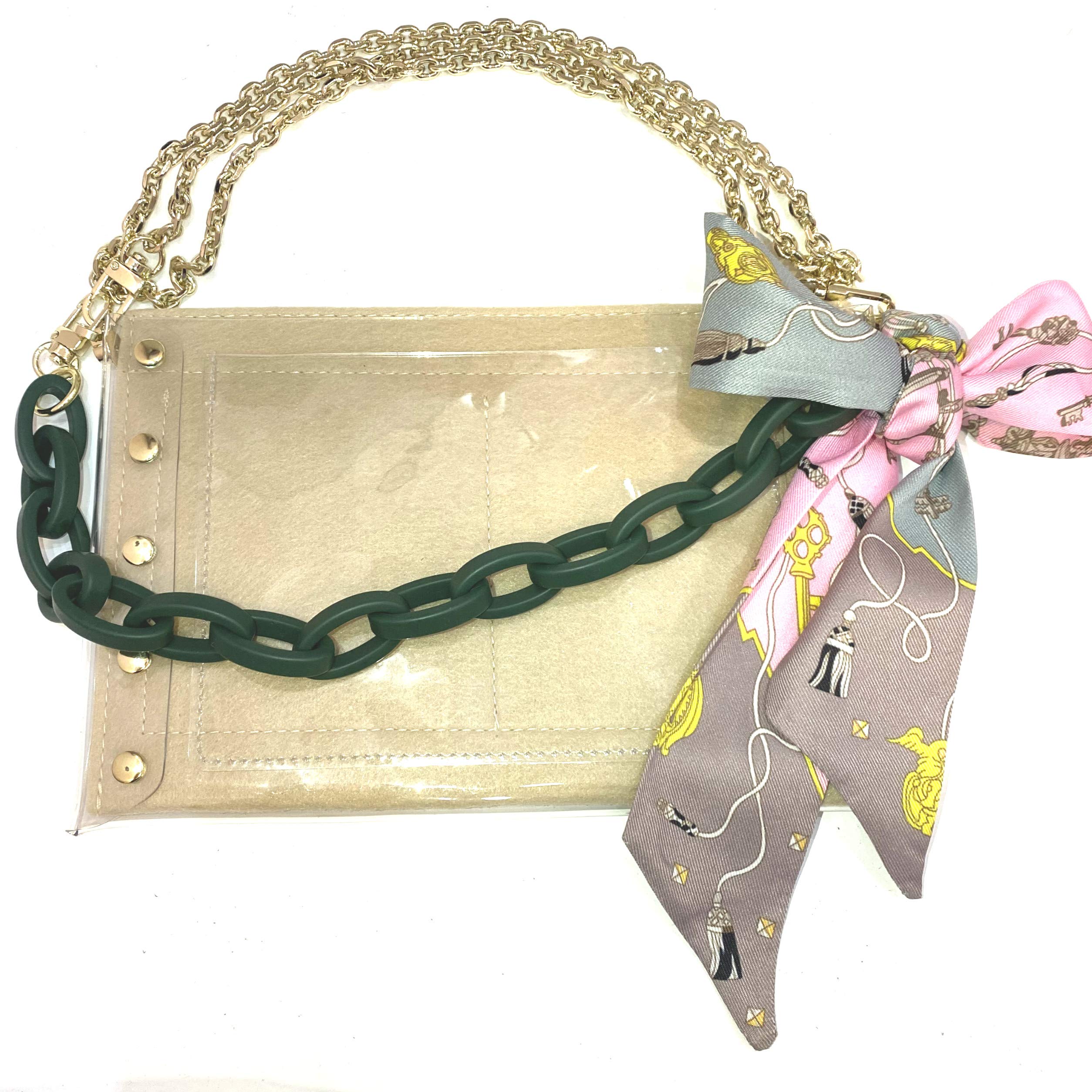 Clear Bag for Giant Monogram Pochette Kirigami Organizer (Envelope Bag Handbag Crossbody Bag 3 in 1) with Strap Chains&Scarf (green)