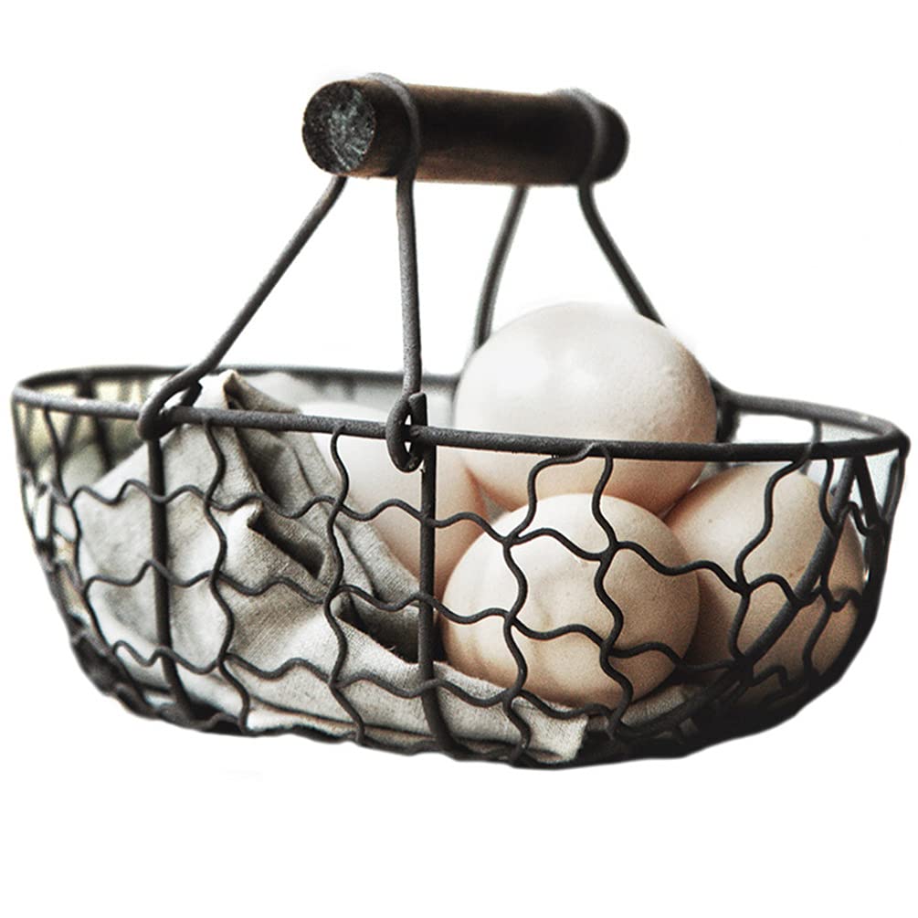 Angoily Iron Egg Basket Rustic Wire Egg Storage Basket Wooden Handle Vintage Basket Kitchen Eggs Holder Rusty Gathering Bin Container for Home Farmhouse Supplies