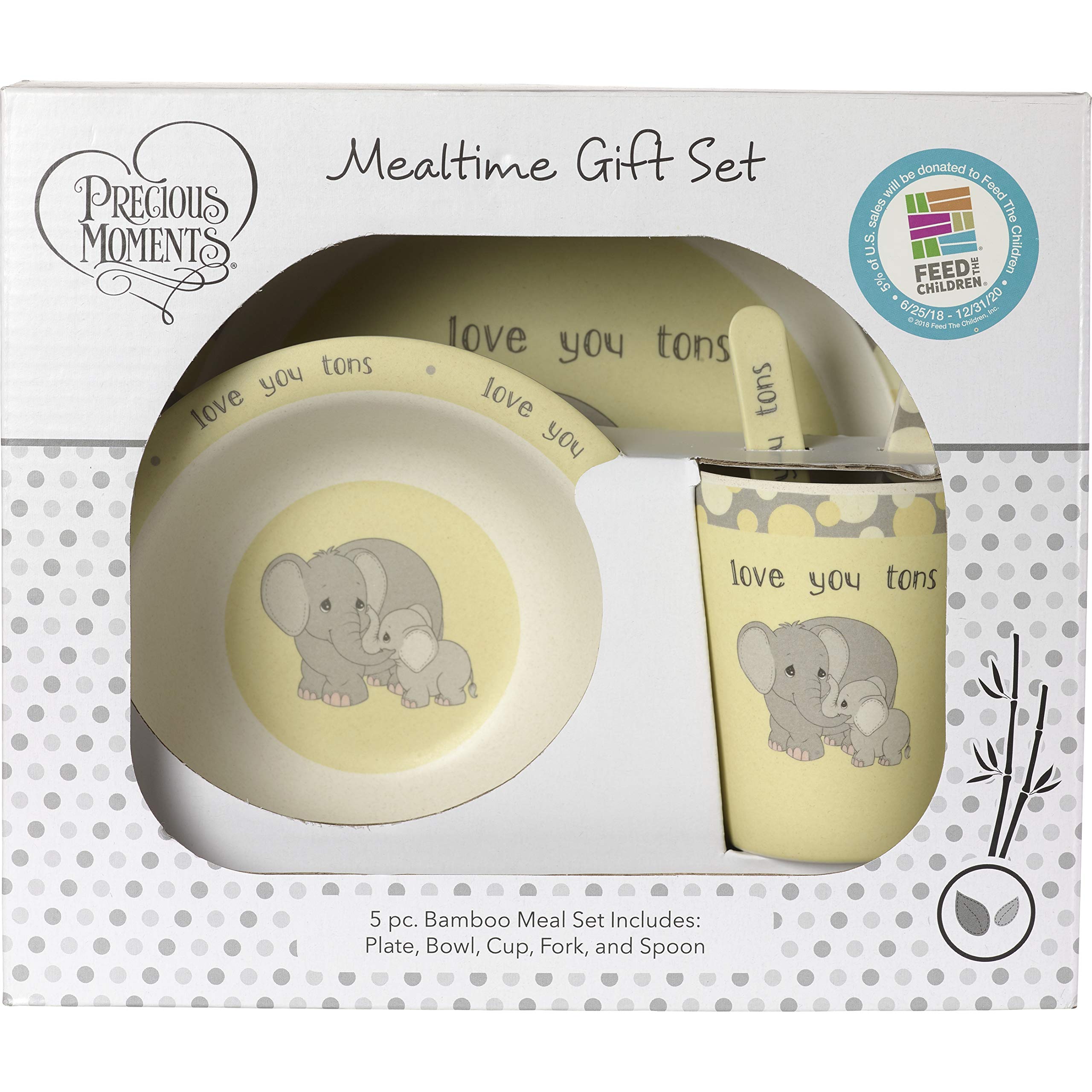 Precious Moments Love You Tons Elephant Bamboo Toddler Mealtime Feeding and Dinnerware Set of 5, 182418