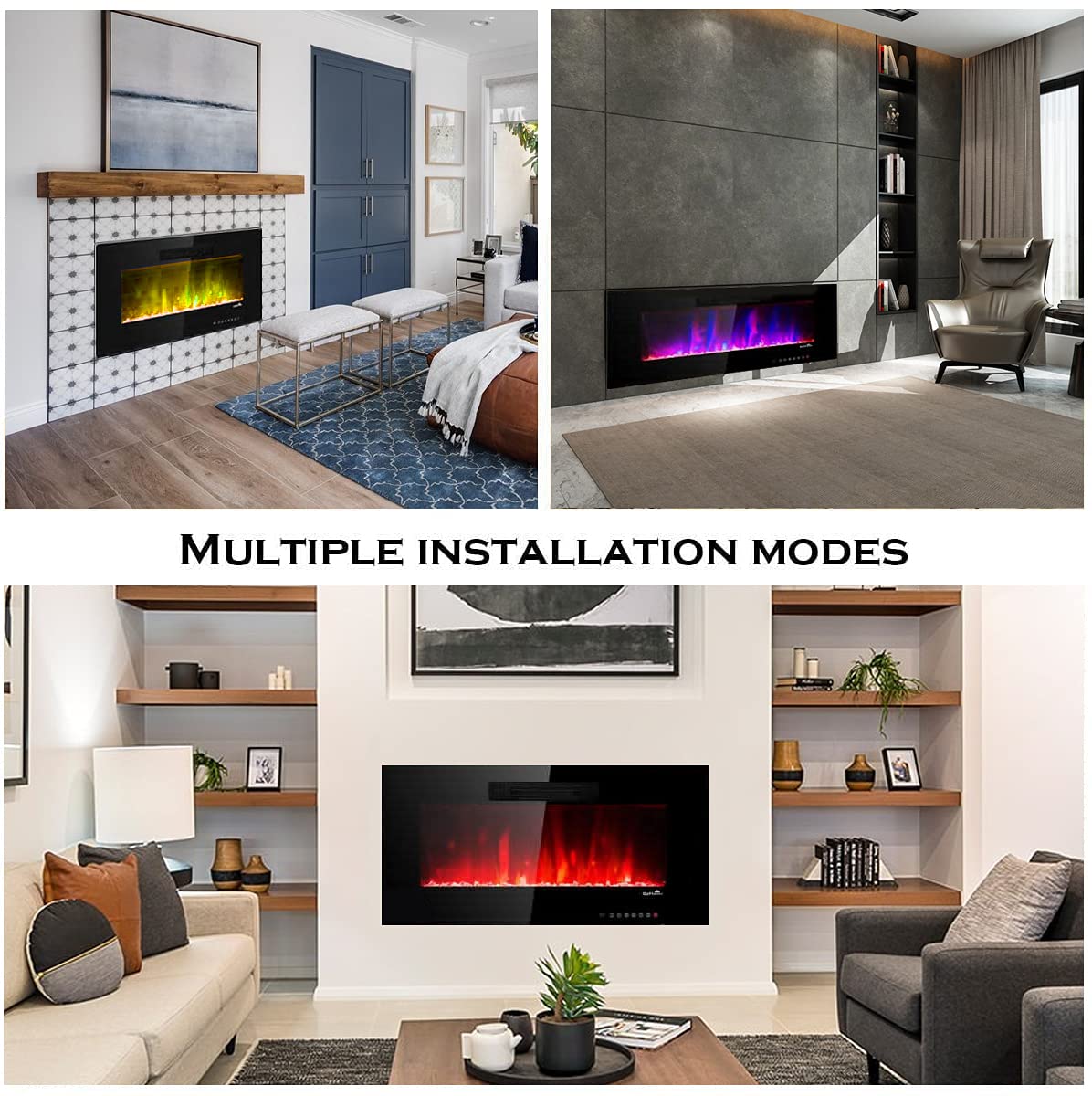 60 inch Electric Fireplace Wall Mounted Led Wall Fireplace Drifting Fireplace Recessed Electric Fireplace Inserts, Adjustable Flame Color Electric Fireplace