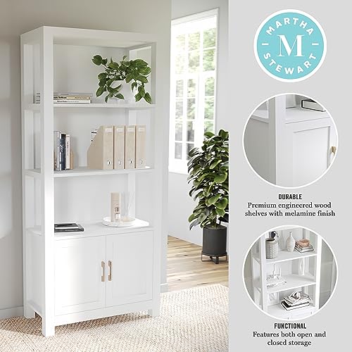 Martha Stewart Hutton Four Tier Shaker Bookcase with Storage Cabinet in White with Polished Brass Hardware