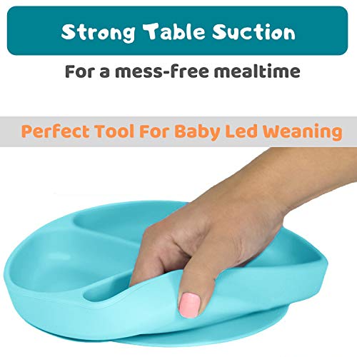 Silicone Baby Feeding Set | Suction Plate for Toddlers + Pocket Bib + Bendable Spoon | BPA Free | Dishwasher, Microwave and Oven Safe (Blue)