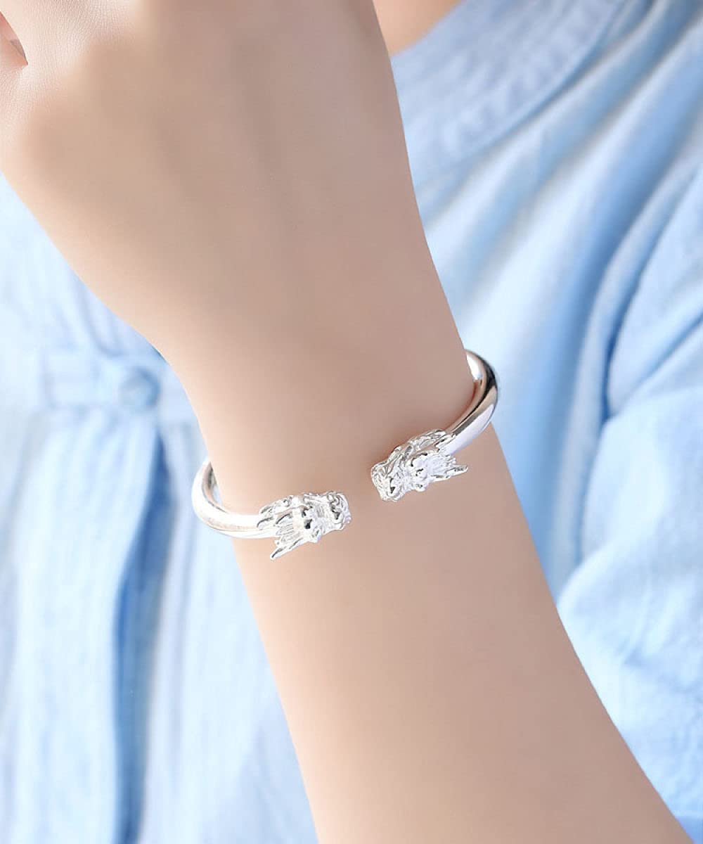 AdjustableSterling Silver Bangle Bracelet, Blue Diamond Bracelet,Sterling Silver Bracelet for Women,Women 925 Sterling Silver Bracelet Double Dragon's Head Cuff Bangle