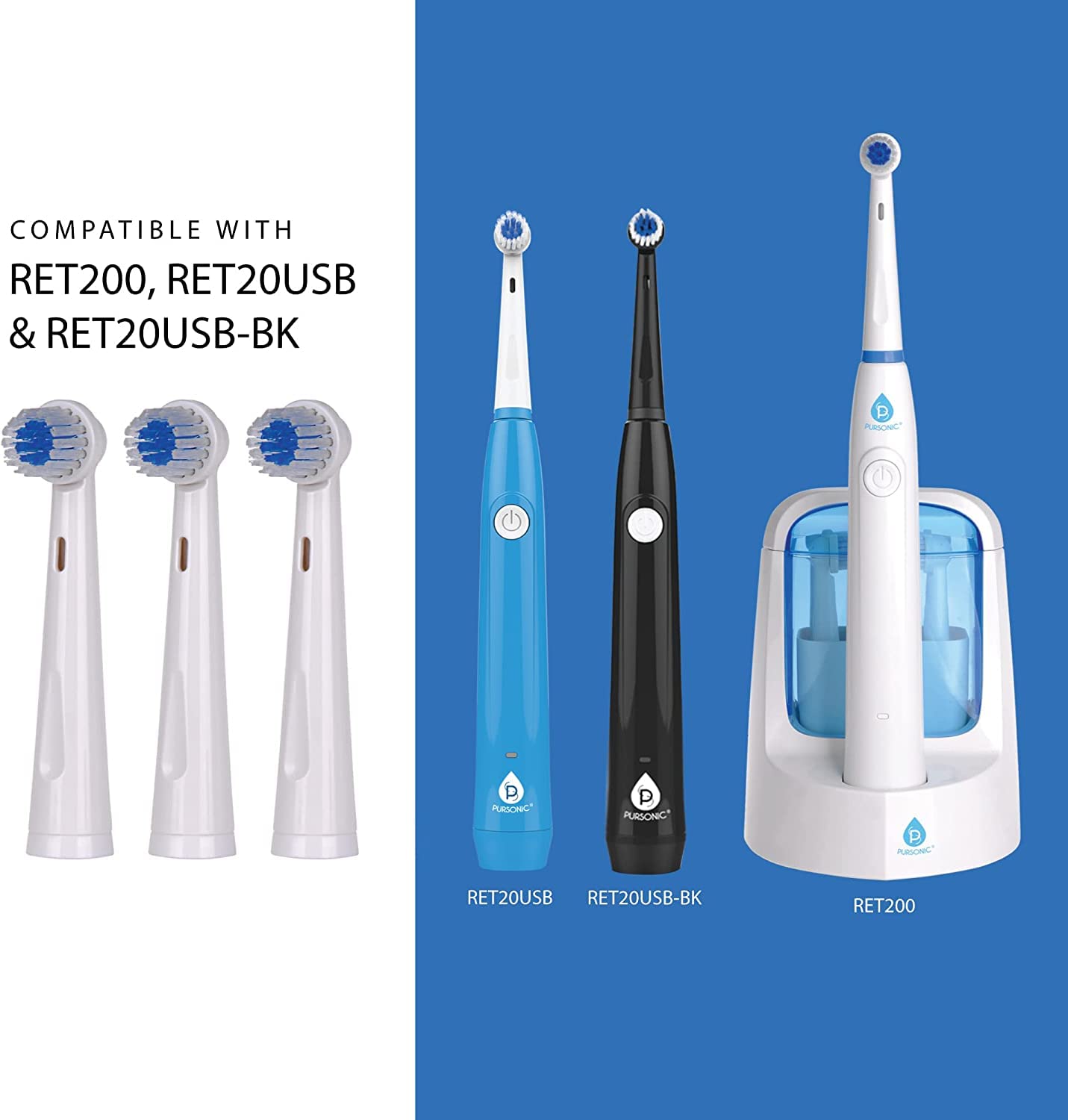 Pursonic Rotating Electric Toothbrush Heads - 8 Pack Electric Toothbrush Replacement Brush Heads for Teeth and Gum Care - Tooth Brush Heads for RET20USB, RET20USB-BK & RET200 (White)