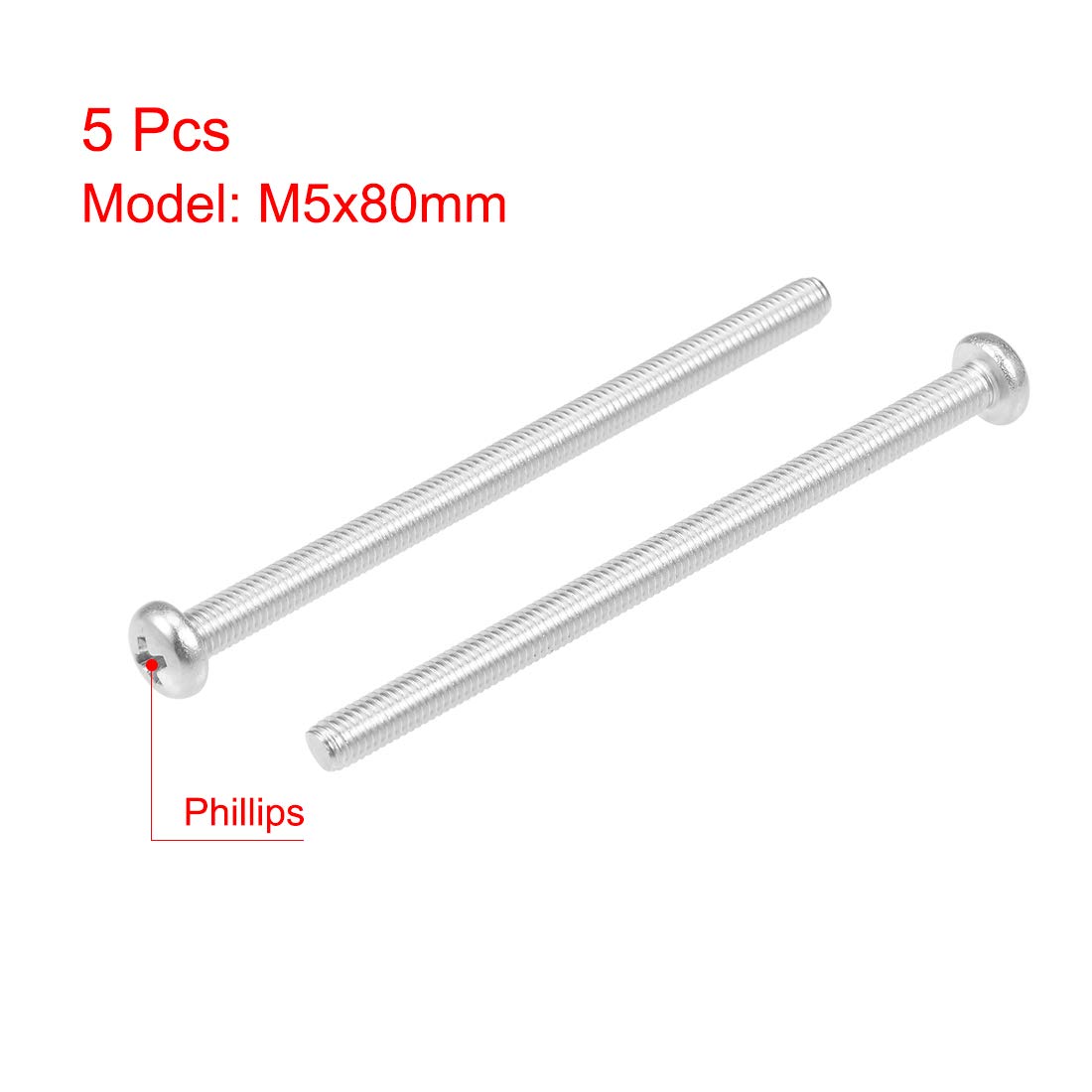 uxcell M5x80mm Machine Screws Phillips Cross Pan Head Screw 304 Stainless Steel Fasteners Bolts 5Pcs