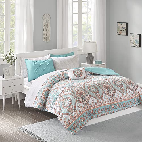 Intelligent Design Complete Bed In A Bag Casual Boho Comforter with Sheet Set Decorative Pillow, All Season Bedding Set, Queen, Vinnie Aqua 8 Piece