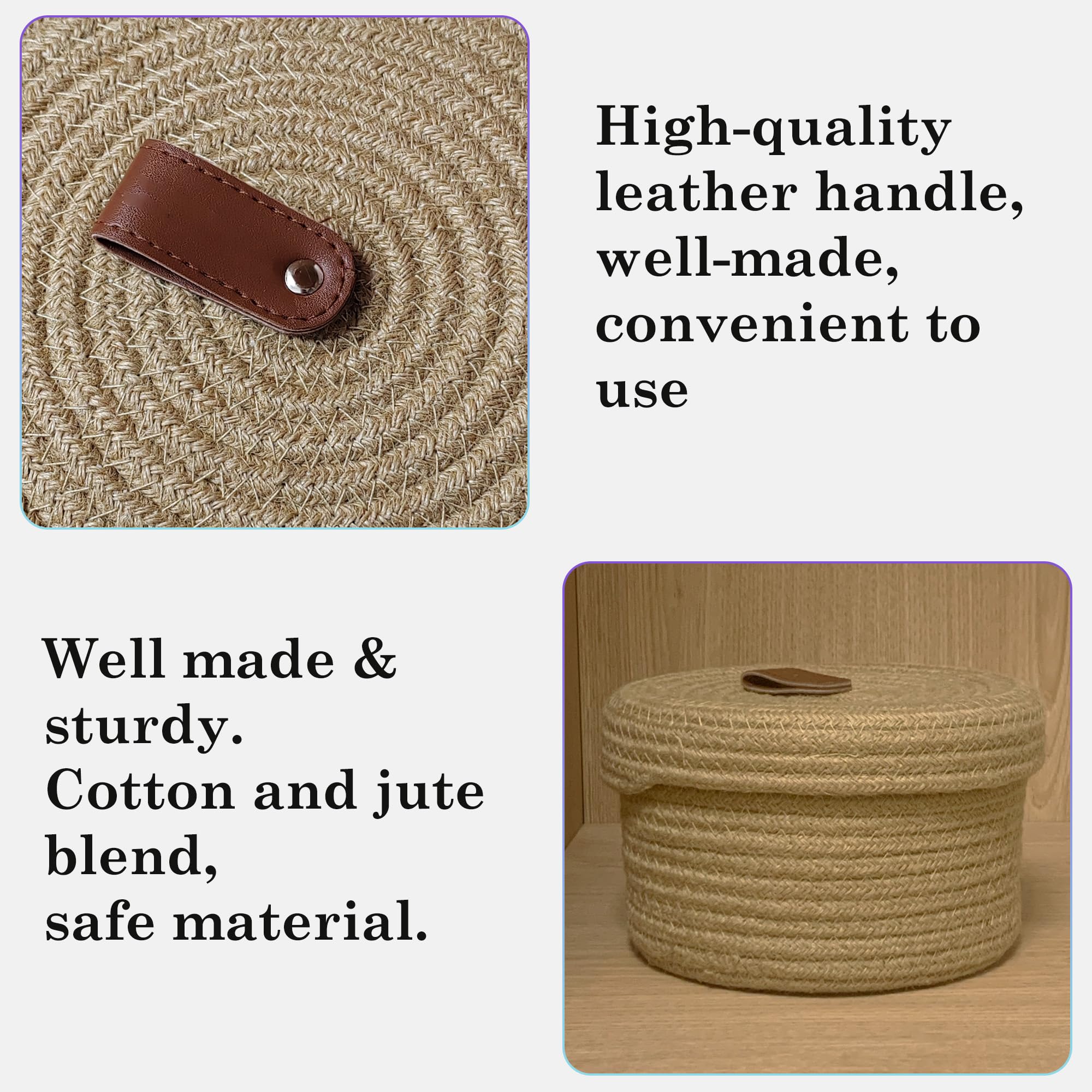 Aplolemo Jute Rope Basket with Lid,Decorative Woven Baskets with Lids,Leather Design Lidded Round Basket,Small Basket with lid,Storage Baskets with Lids-Set of 2(10"x6"/8.5"x5")