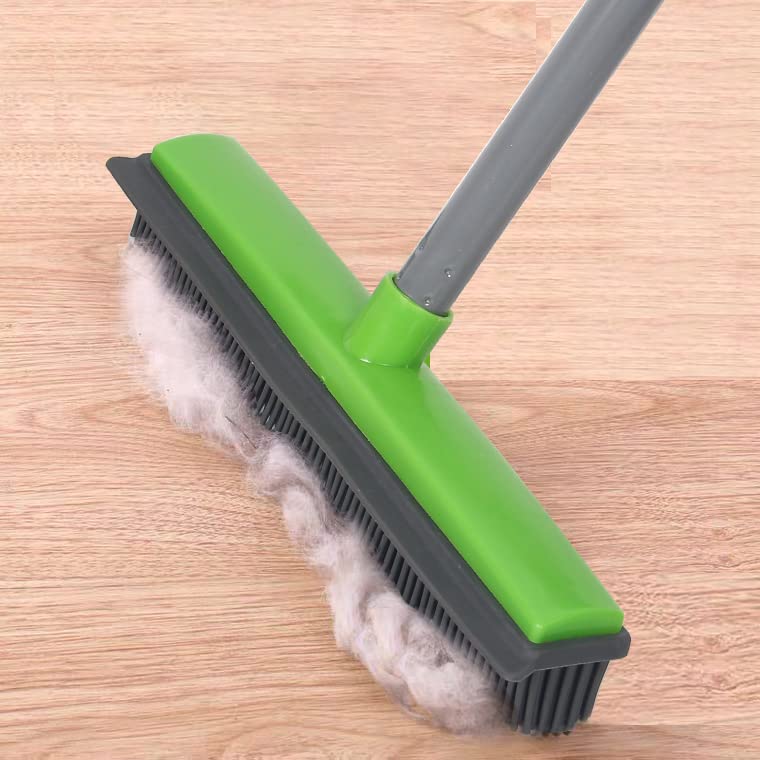 Affogato Iamagie Push Broom Long Handle Rubber Bristles Sweeper Squeegee Edge 59 inches Non Scratch Bristle Broom for Pet Cat Dog Hair Carpet Hardwood Tile Windows Clean Water Resistant