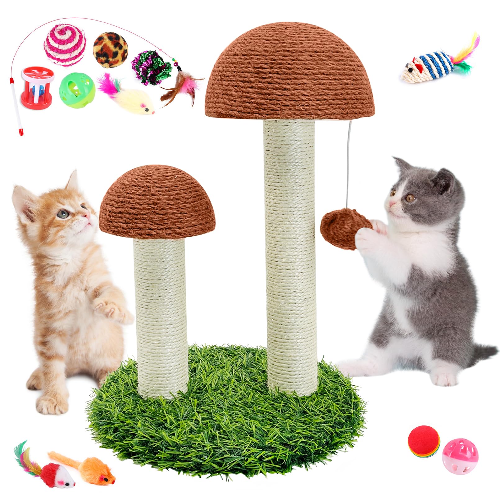 BNOSDM Mushroom Cat Scratching Post, Cat Scratcher with 2 Sisal Poles 12 Pcs Cat Toys and Hanging Ball, Pet Interactive Toy Scratch Post for Indoor Kitten Kitty Small Cats (Coffee)