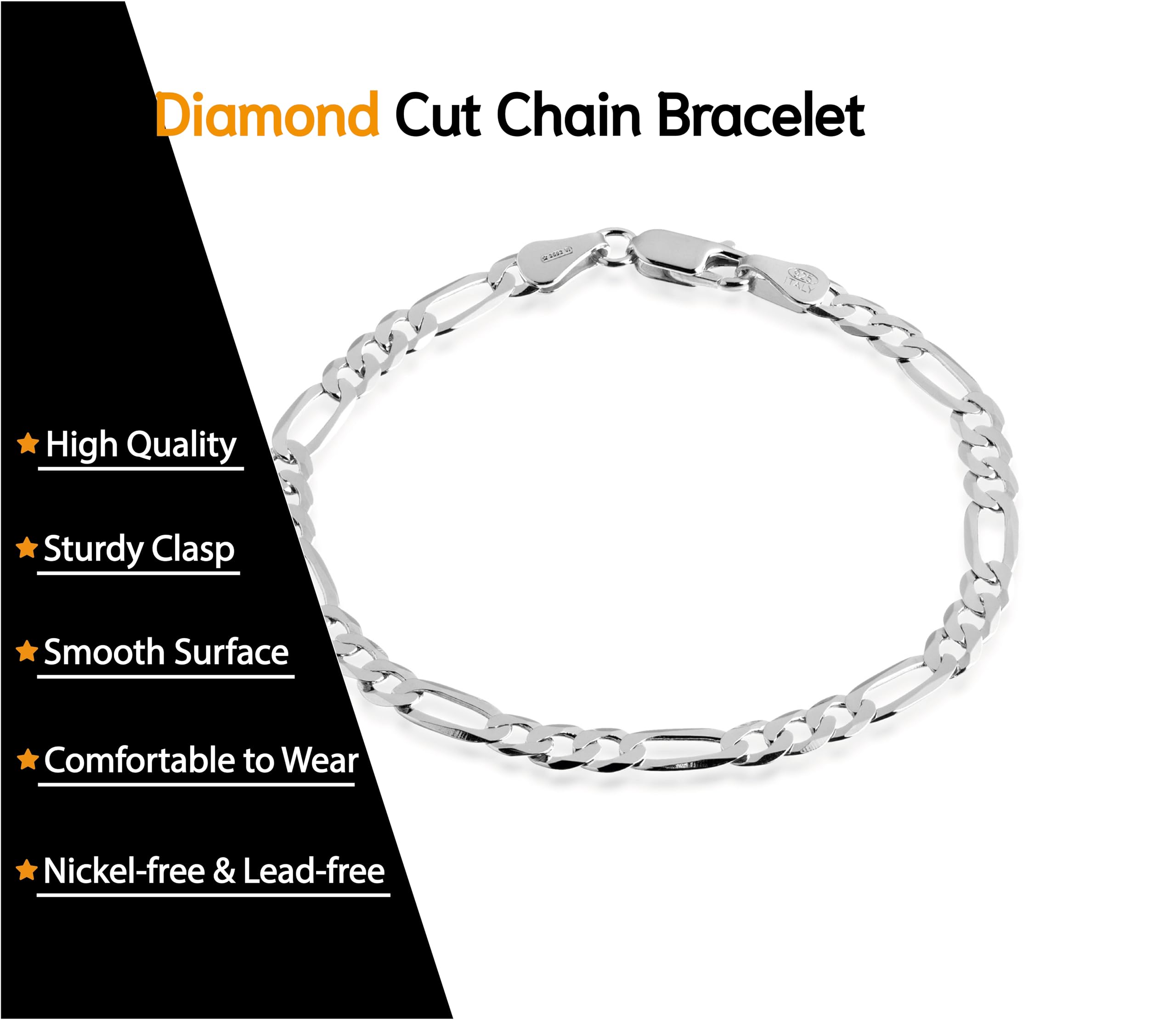 QUADRI Figaro Link Chain in 925 Sterling Silver, Italian 5mm Bracelet for Men Women, 7 Inch, Made in Italy, Gift Box Included