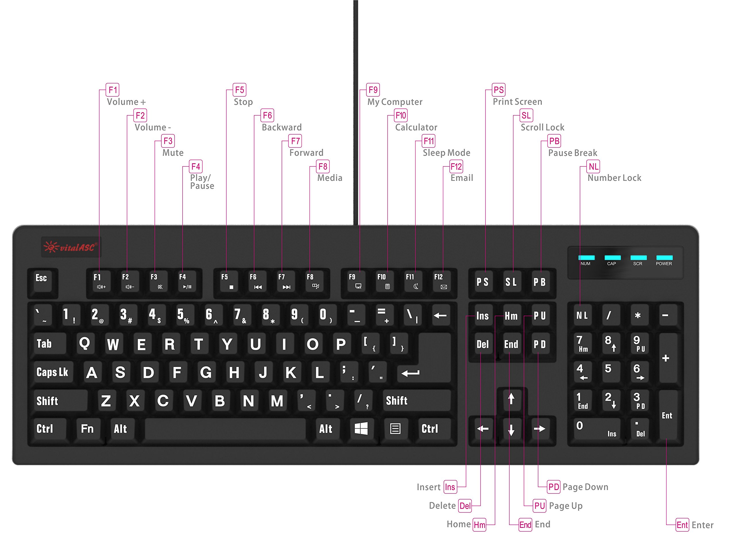 vitalASC New 104-Key Large Print USB Wired 7ft, Spill-Resistant, Sleek Black, Durable Keyboard for Laptop, Mac, TV, and Computer (Black)