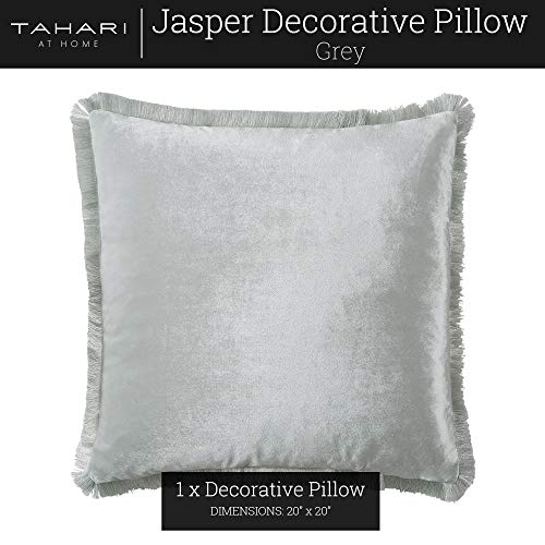 Tahari Home | Jasper Velvet and Fringe Decorative Pillow, 1 Count (Pack of 1), Grey