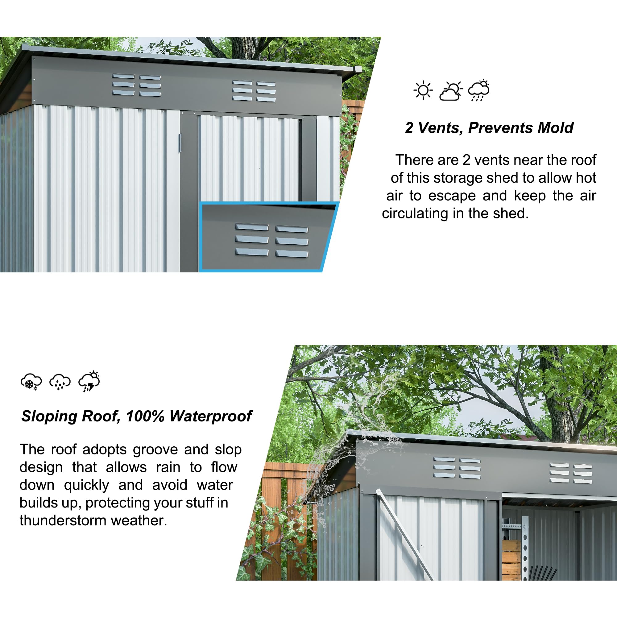 KTVTK 5x3 FT Outdoor Storage Shed with Pent Roof and Two Punched Vents,Galvanized Metal Garden Sheds w/Lockable Doors,Hinged Door & Padlock,for Patio Lawn Backyard Trash Cans Tool,White+Grey