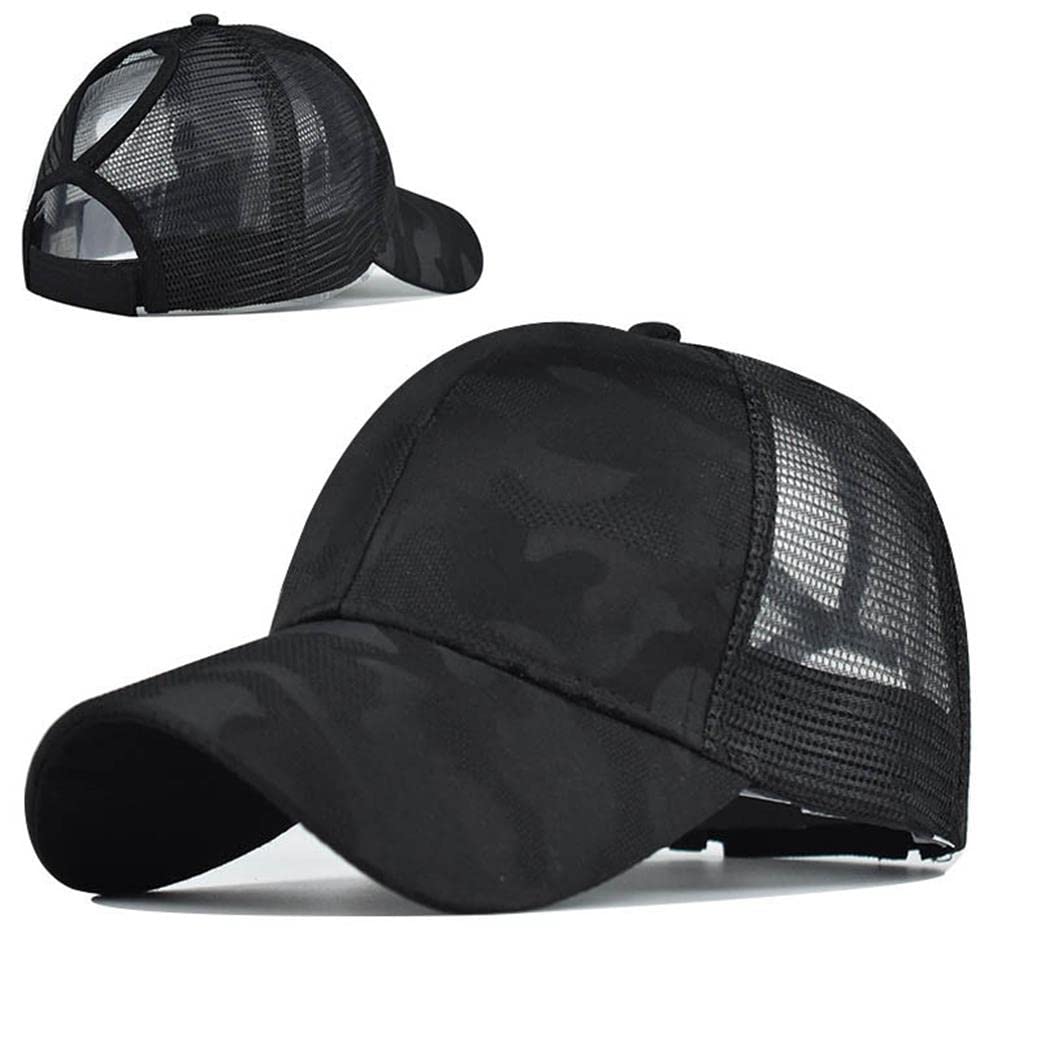 Adorable Star Ponytail Hats for Women, Curved Sanpback Distressed Black Pony Cap, Adjustable Denim Messy Bun Ball Caps (as1, alpha, one_size, m, Jacquard-weave-camo-black)