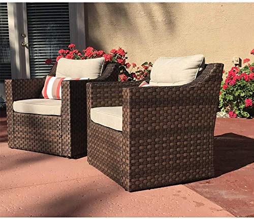 SUNSITT Patio Outdoor Furniture 2-Piece Brown Wicker Single Club Chairs w/Beige Olefin Cushions & Striped Throw Pillow