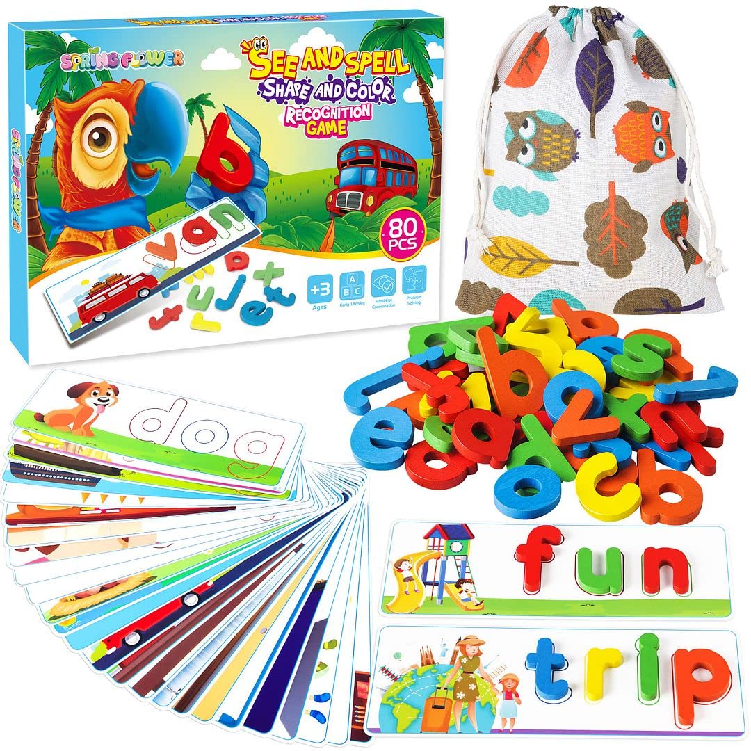 SpringFlower See & Spell Matching Letter Game for Preschool Kindergarten Kids,Learning Educational Toy,Toddler Learning Activities,CVC Word Builders for 3 4 5 6 Years Old Boys and Girls,80Pcs