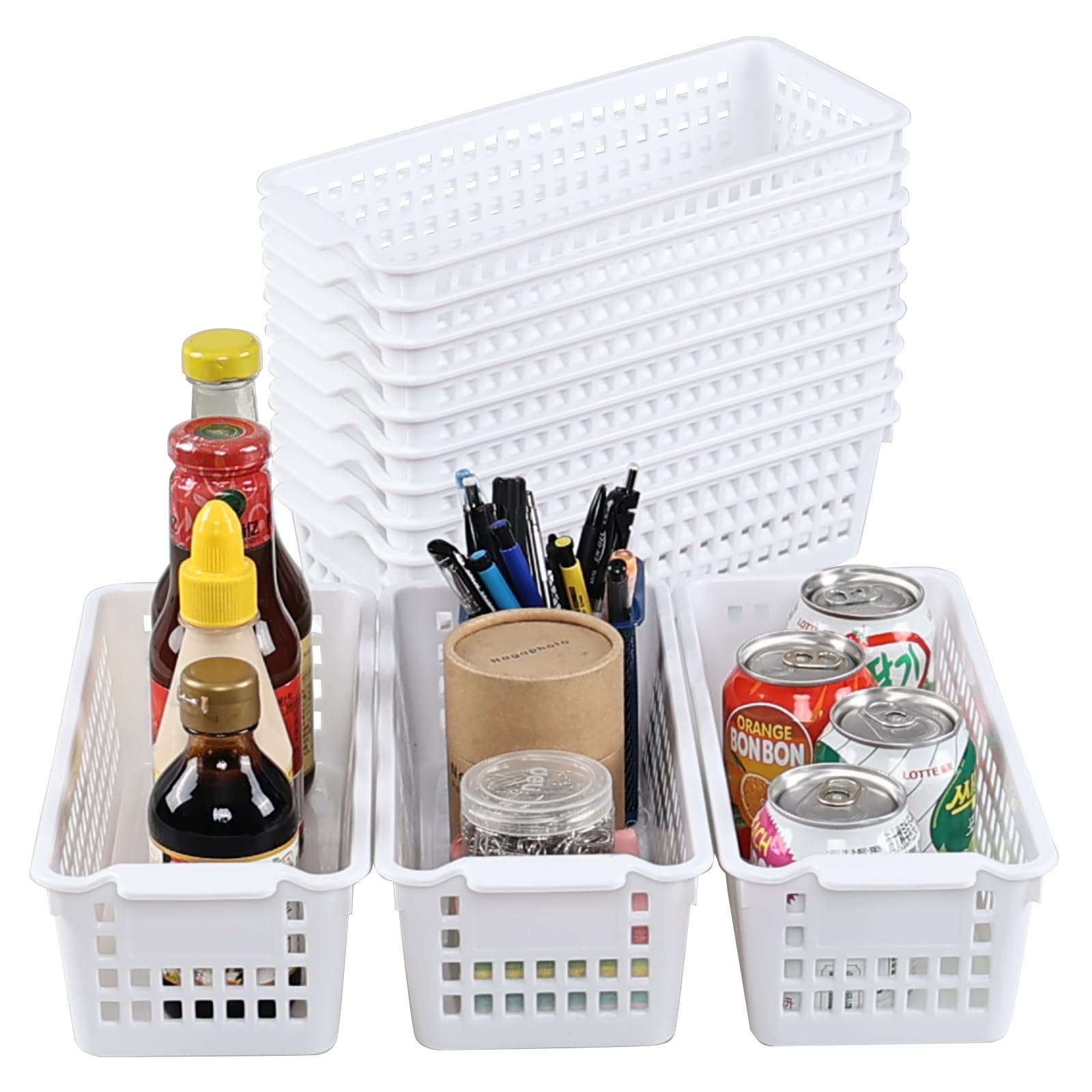 Hayixia White Slim Storage Basket Tray, Small Plastic Basket for Organizing, Set of 12