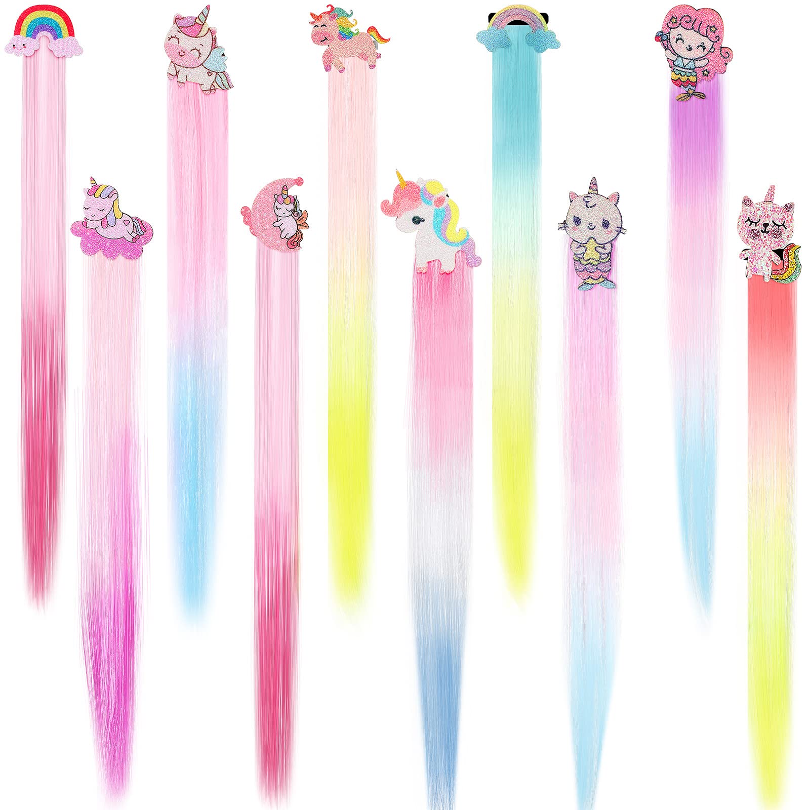 MTLEE 10 Pcs Braiding Hair Extensions with Clips Cat Rainbow Mermaid Unicorn Accessories for Girls Straight Colored Hair Clips Braided Clip Colored Hair Extensions for Kids Dress Supplies