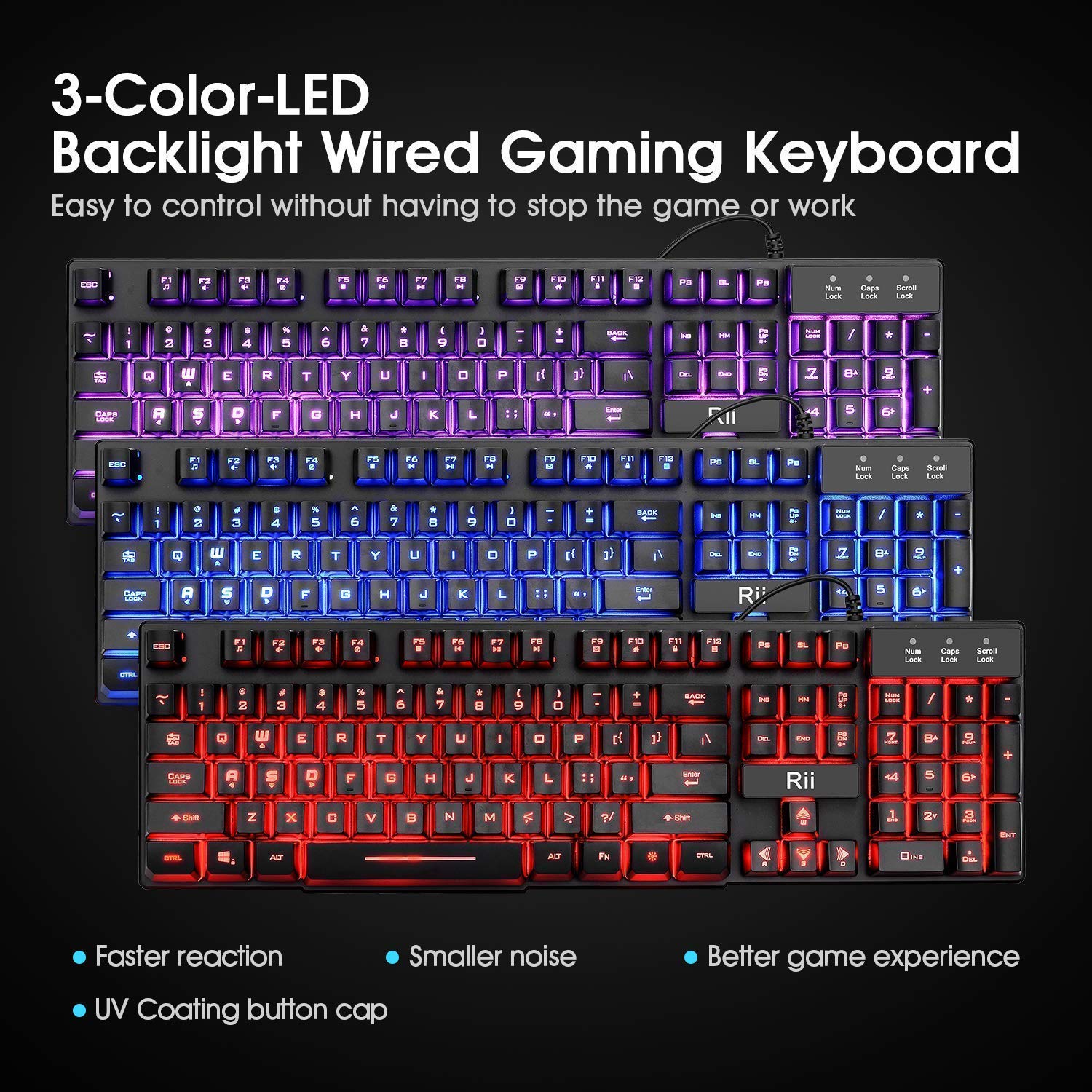 Rii RK100 3 Colors LED Backlit Mechanical Feeling USB Wired Multimedia Office Keyboard For Working or Primer Gaming,Office Device (Renewed)