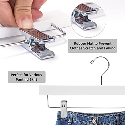 Nature Smile Solid Lotus Wood Deluxe Wooden Pants Hangers Bottom Hanger Jeans Hanger Skirt Hanger with 2-Adjustable Clips Anti-Rust Hook Pack of 10 (White)