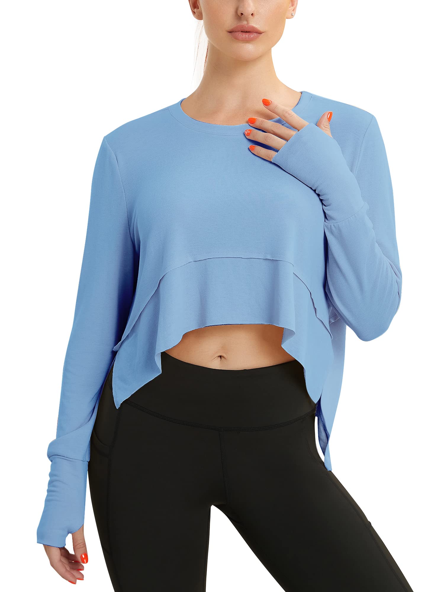 Abrooical Women Long Sleeve Crop Tops Workout Lightweight Shirts Loose Cropped Sweatshirts with Thumb Holes Light Blue XX-Large