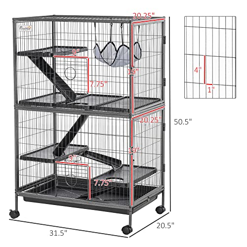PawHut 50" H 5-Tier Small Animal Cage, Ferret Cage, Large Chinchilla Cage with Hammock Accessory Heavy-Duty Steel Wire, Small Animal Habitat with 4 Doors, Removable Tray