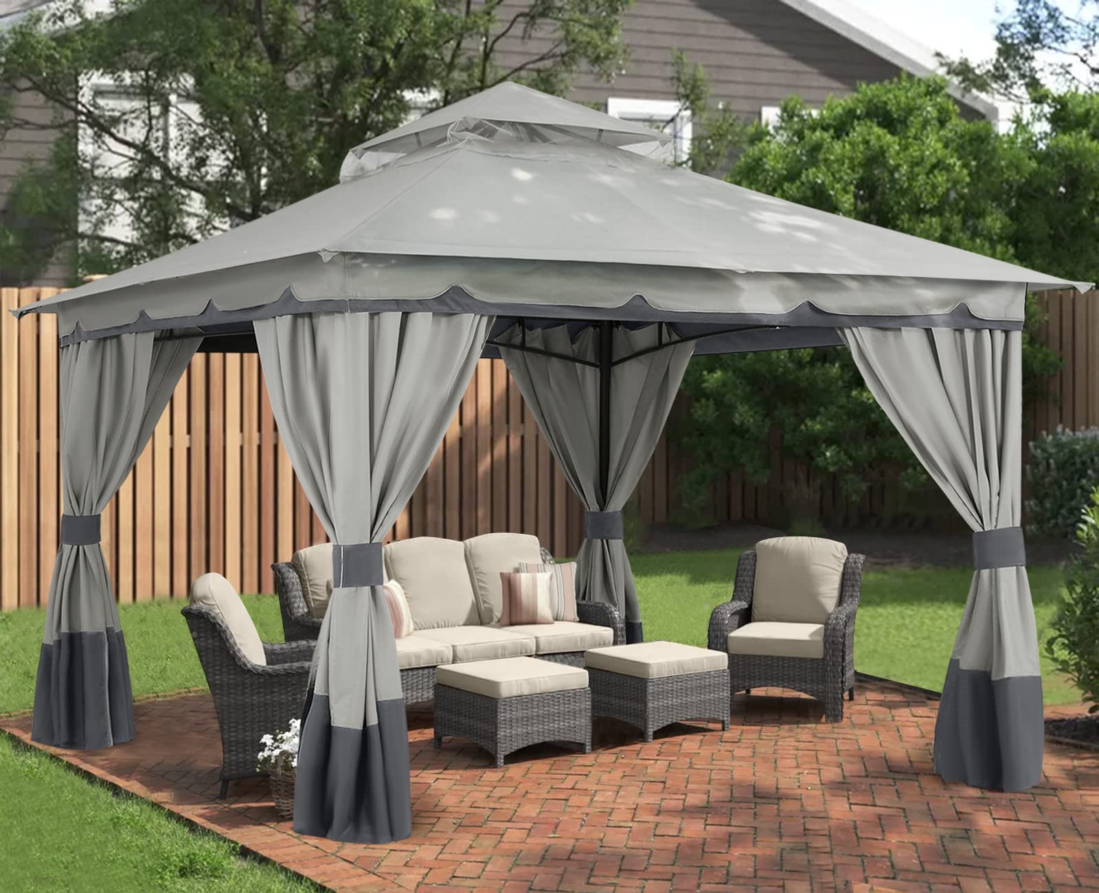 ABCCANOPY 10'x12' Outdoor Gazebo, Double Roof Patio Gazebo with Shade Curtains, Light Gray