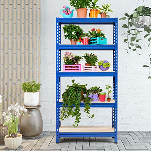 Tangkula 5-Tier Storage Shelves, Heavy Duty Steel Frame Muscle Rack 60in Garage Shelf with Adjustable Shelves, Boltless Shelving Unit for Free Combination, Metal Utility Shelves (1, Navy Blue)