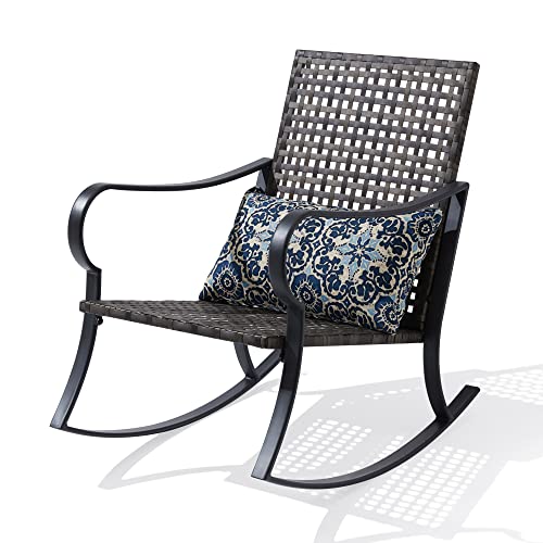 Mutaomay Outdoor Rocking Chair with Pillow Cushion, Weather Resistant Metal Steel Frame Rattan Porch Rocker Chairs, Oversized Patio Rocking Chair Furniture for Garden, Backyard 350 lbs Load Capacity