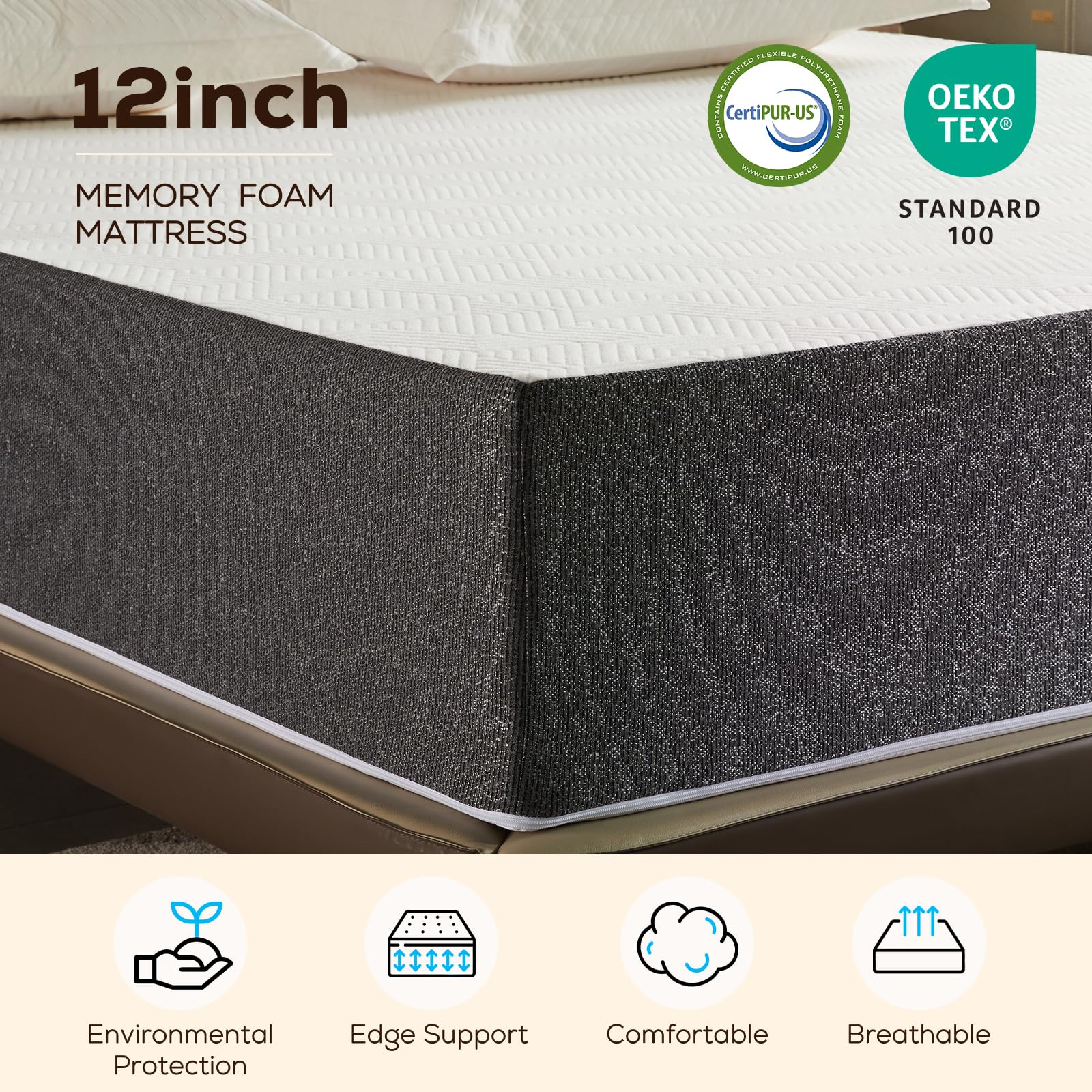 Ablyea Queen Mattress 12 Inch Gel Memory Foam Mattress in a Box - CertiPUR-US Certified/Pressure Relief/Medium Firm Queen Size Bed Mattresses
