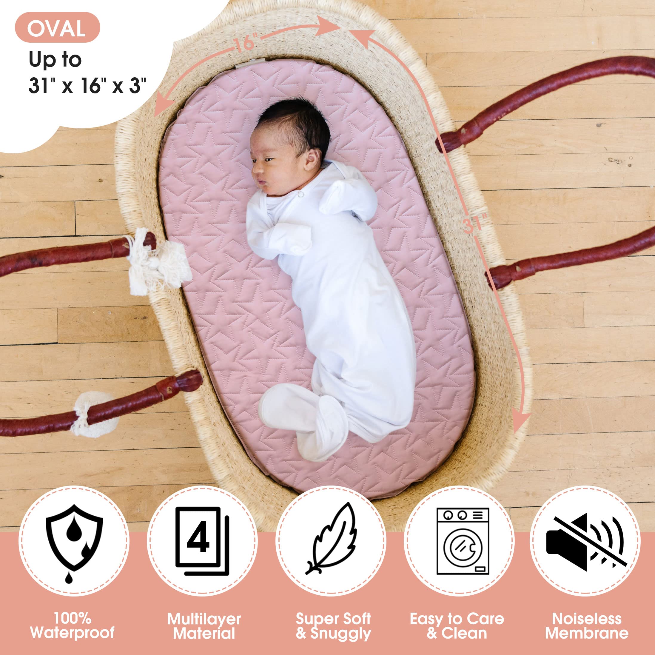 ACRABROS Baby Bassinet Sheets-2 Pack Waterproof Baby Bassinet Sheets-2 Pack Bassinet Sheet Set-Leakproof Quilted Padded,Ultra Soft, Gray & Pink