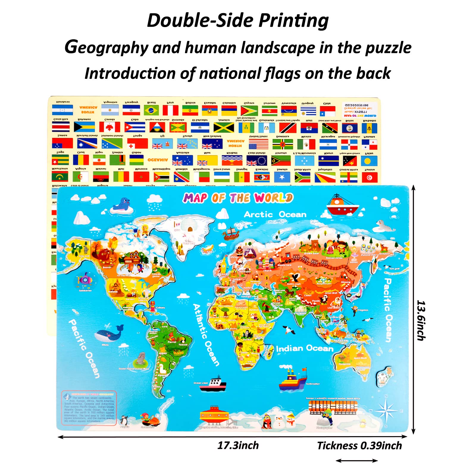 ExBePe Genuine Magnetic Wooden World Map Puzzle,92 Country Flash Cards,National Flags Introduction,Preschool Learning Education Geography Toy for Kid Ages 3+