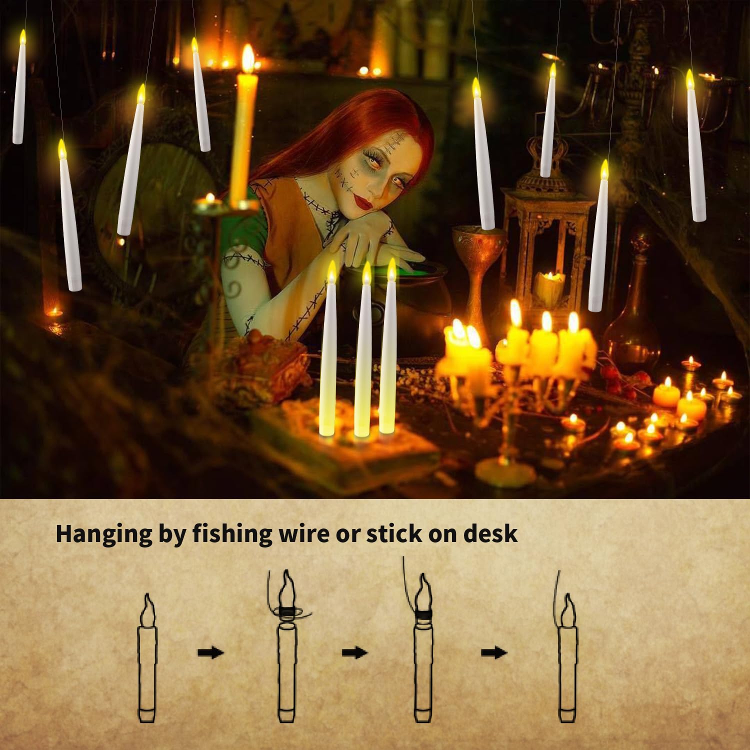 Flameless Candles with Magic Wand, Halloween Funny LED Candles Set Floating Led Candles, Battery Operated Hanging Candles with Remote, Flickering Warm Light Candle, Gift for Party Decoration (12 Pack)